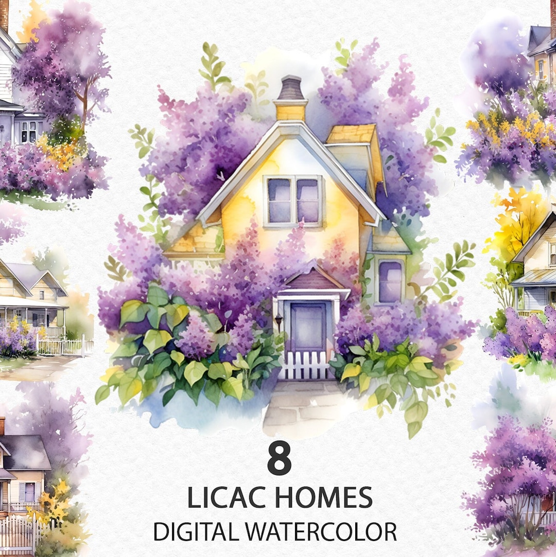 Watercolor Cute House With Flowers Yellow House With Lilac - Etsy