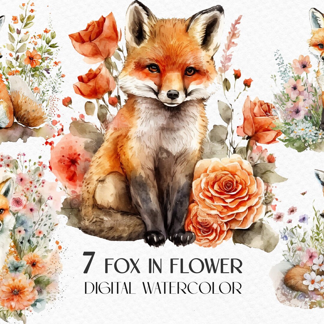Watercolor Cute Fox With Flowers, Spring Cubs, Fox Postcard. Digital ...