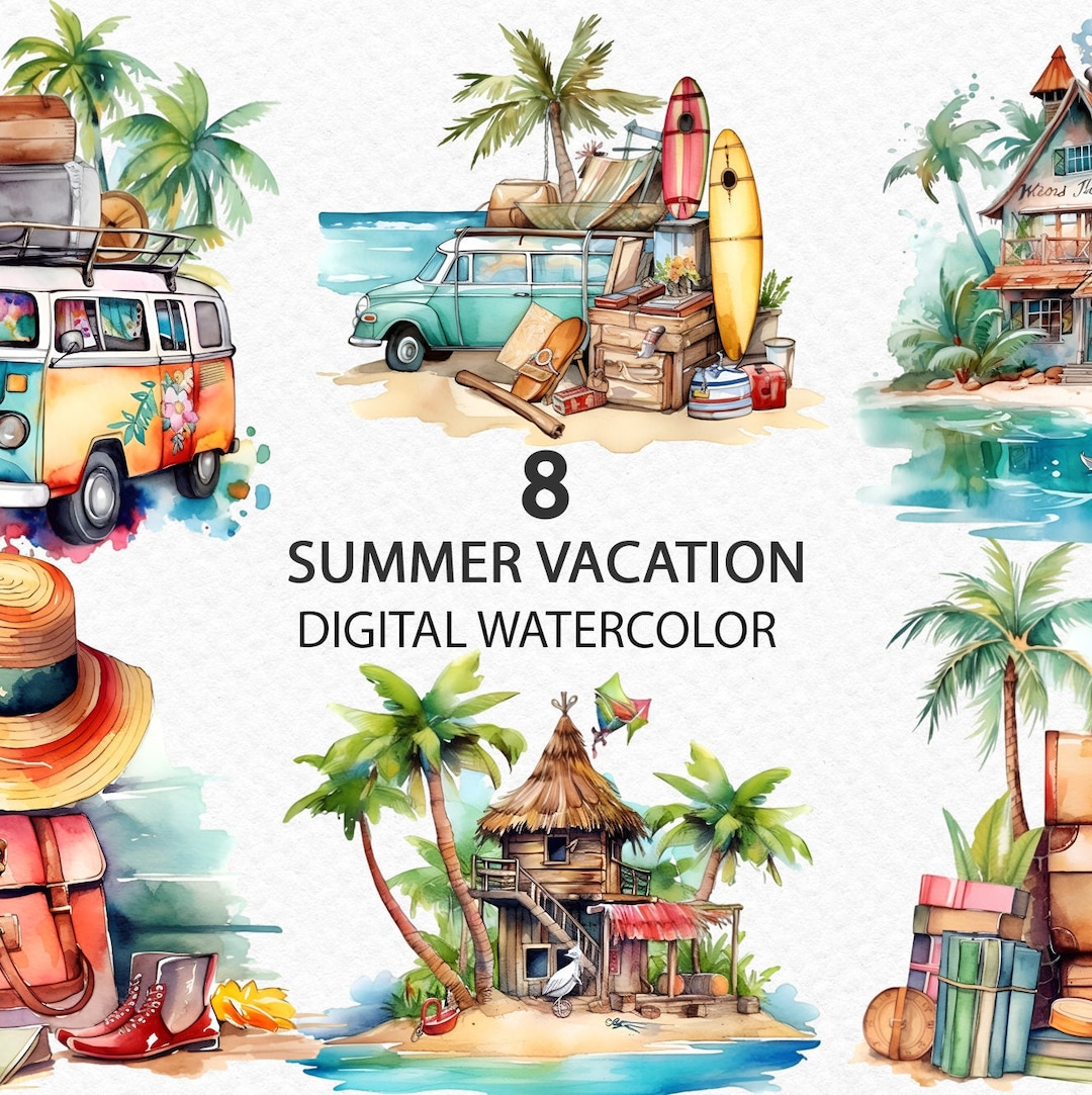 Watercolor Vacation Set, Travel Set, Summer Holidays, Sea, Palm Tree ...