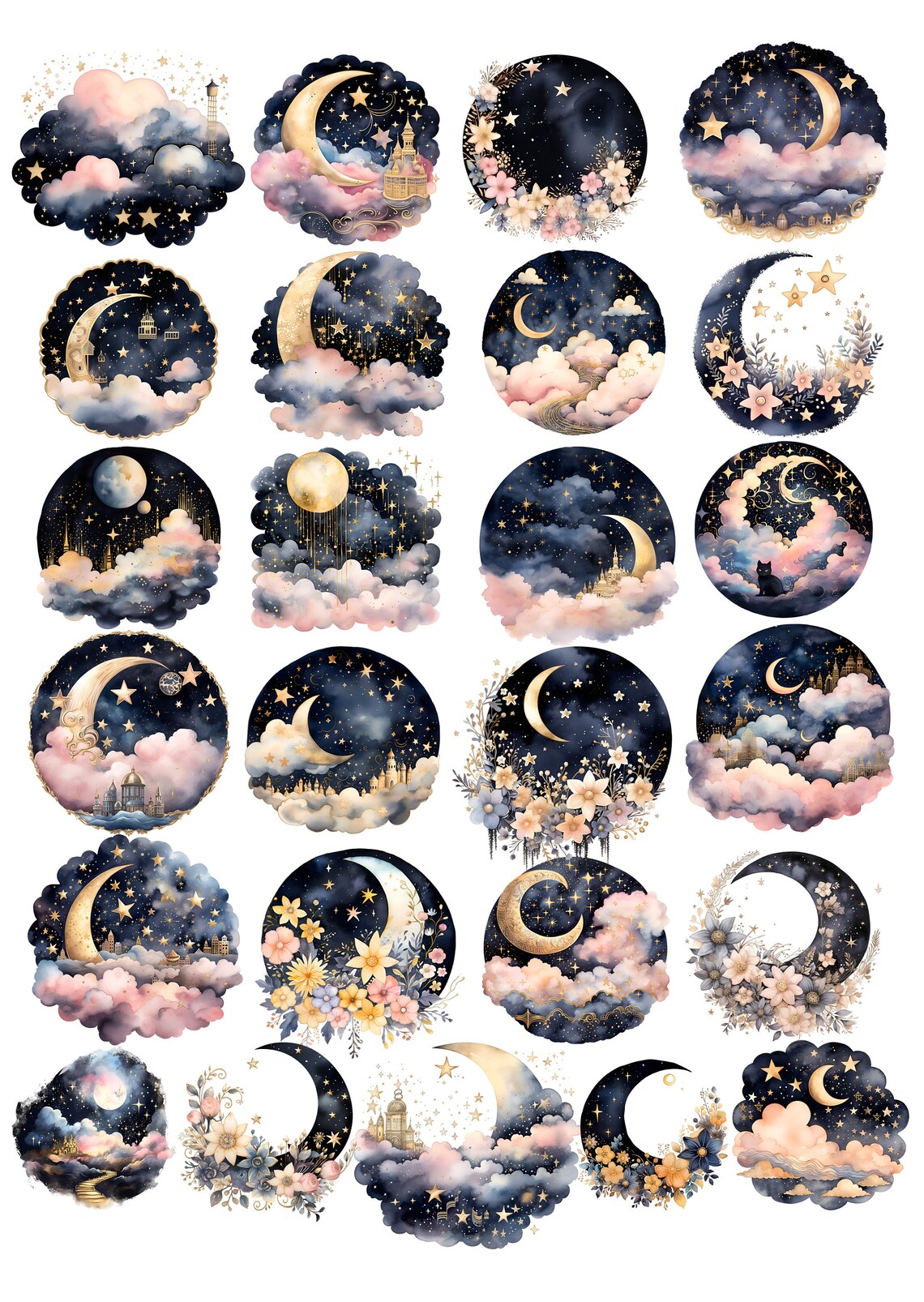 Watercolor Clipart Night Moon, Night Clouds, Sky Flowers, Golden Moon ...