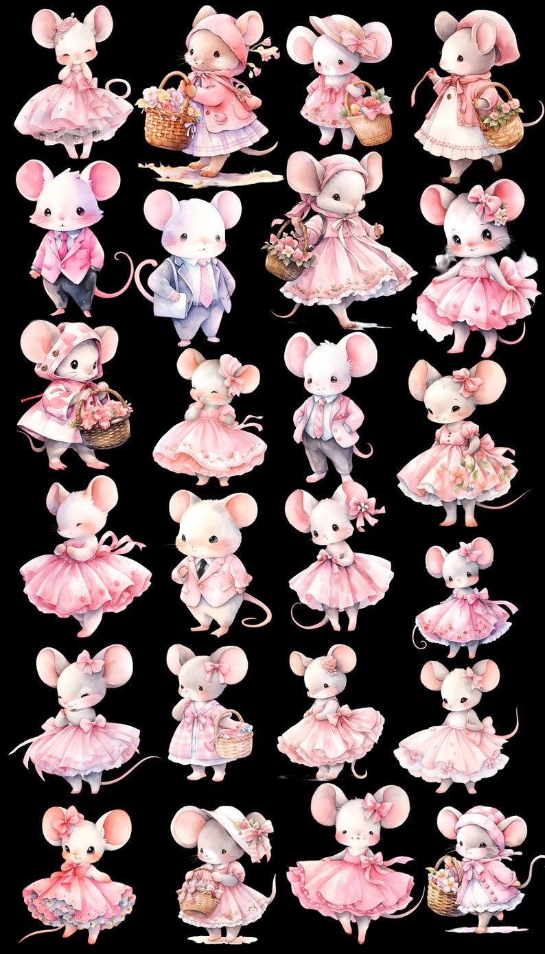 Watercolor Clipart, Cute Mouse in a Pink Dress and Flowers, Mr Mouse ...