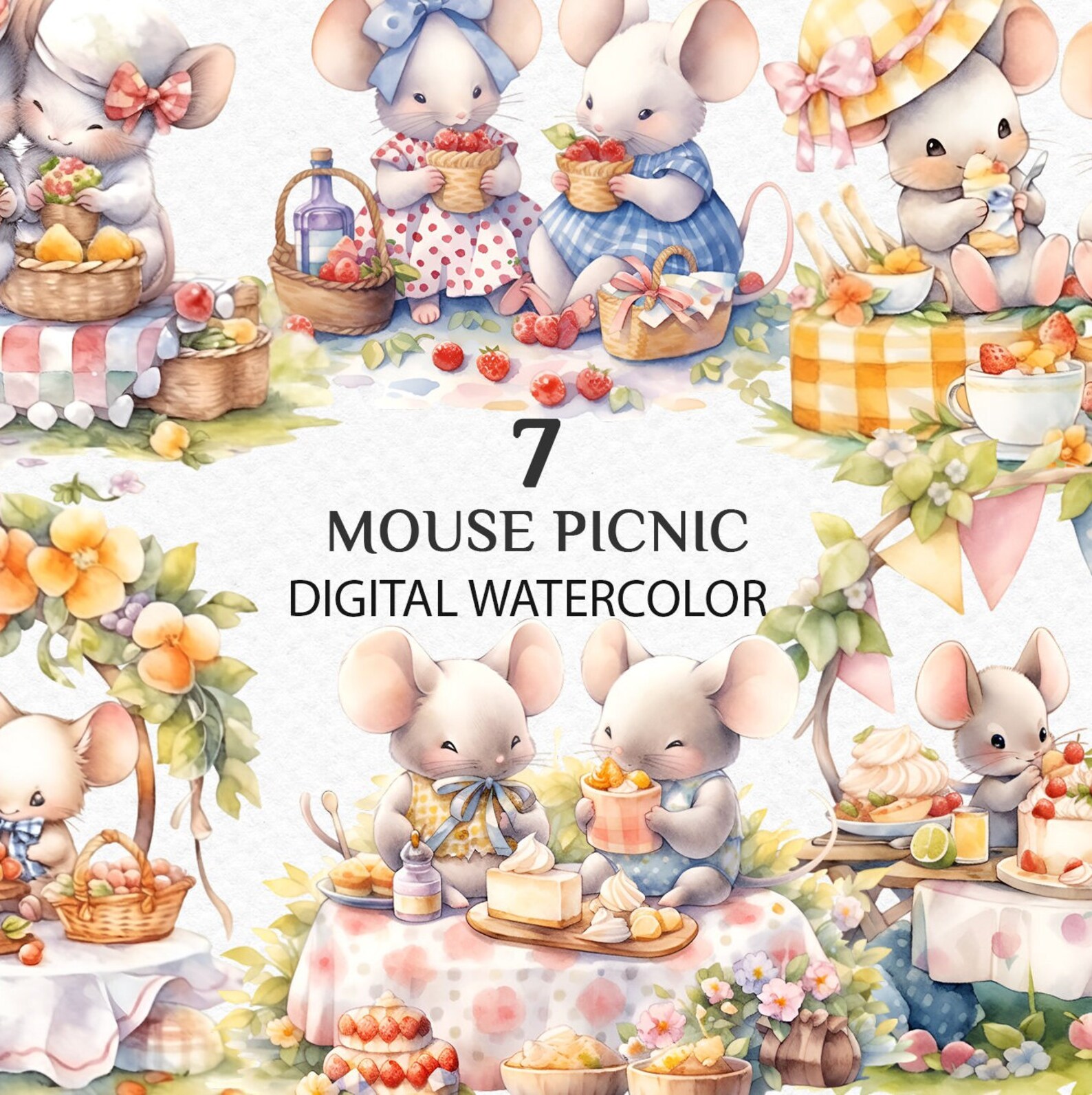Watercolor clipart cute mouse picnic in nature mouse story - Etsy France