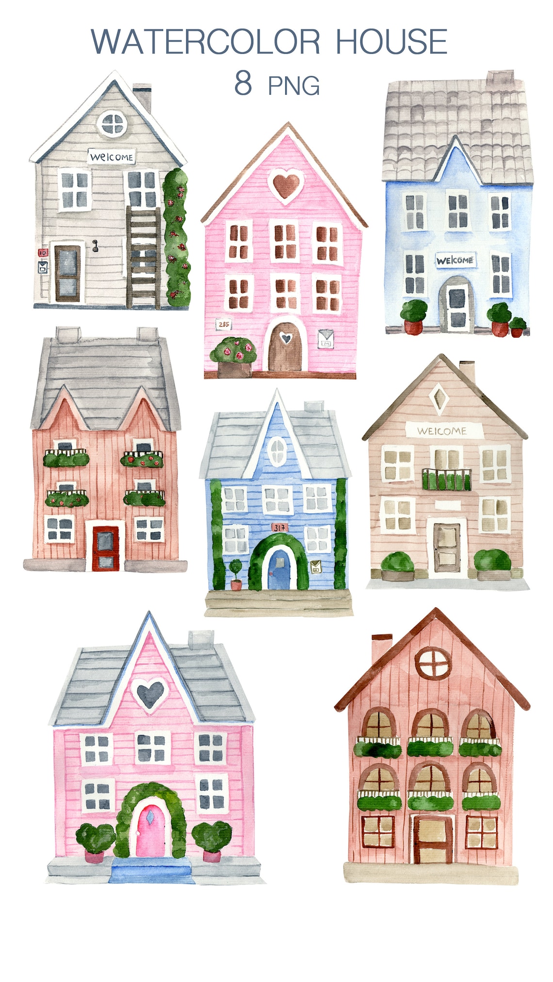 Clipart. Watercolor Colorful Houses. Digital Clipart Png - Etsy