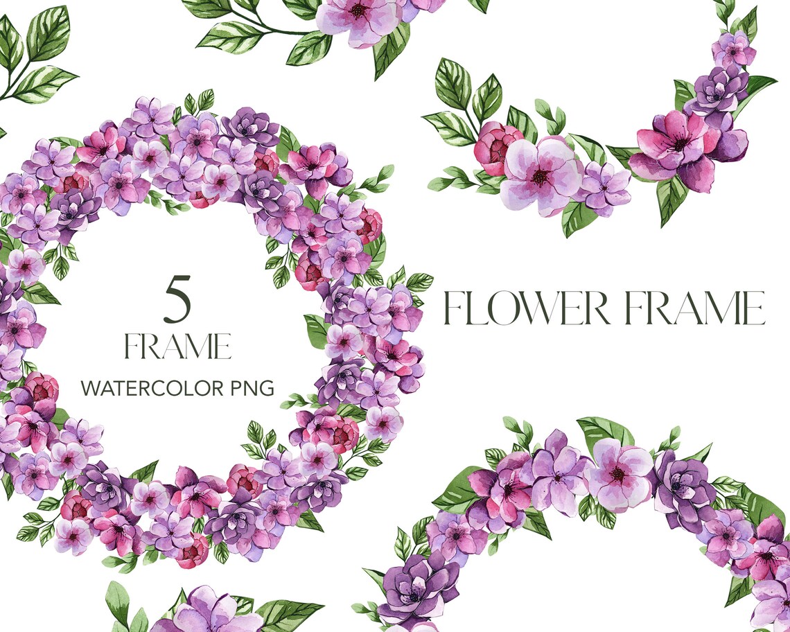 Watercolor Lilac Flower Wreath Clipart. Flower Frame Digital - Etsy