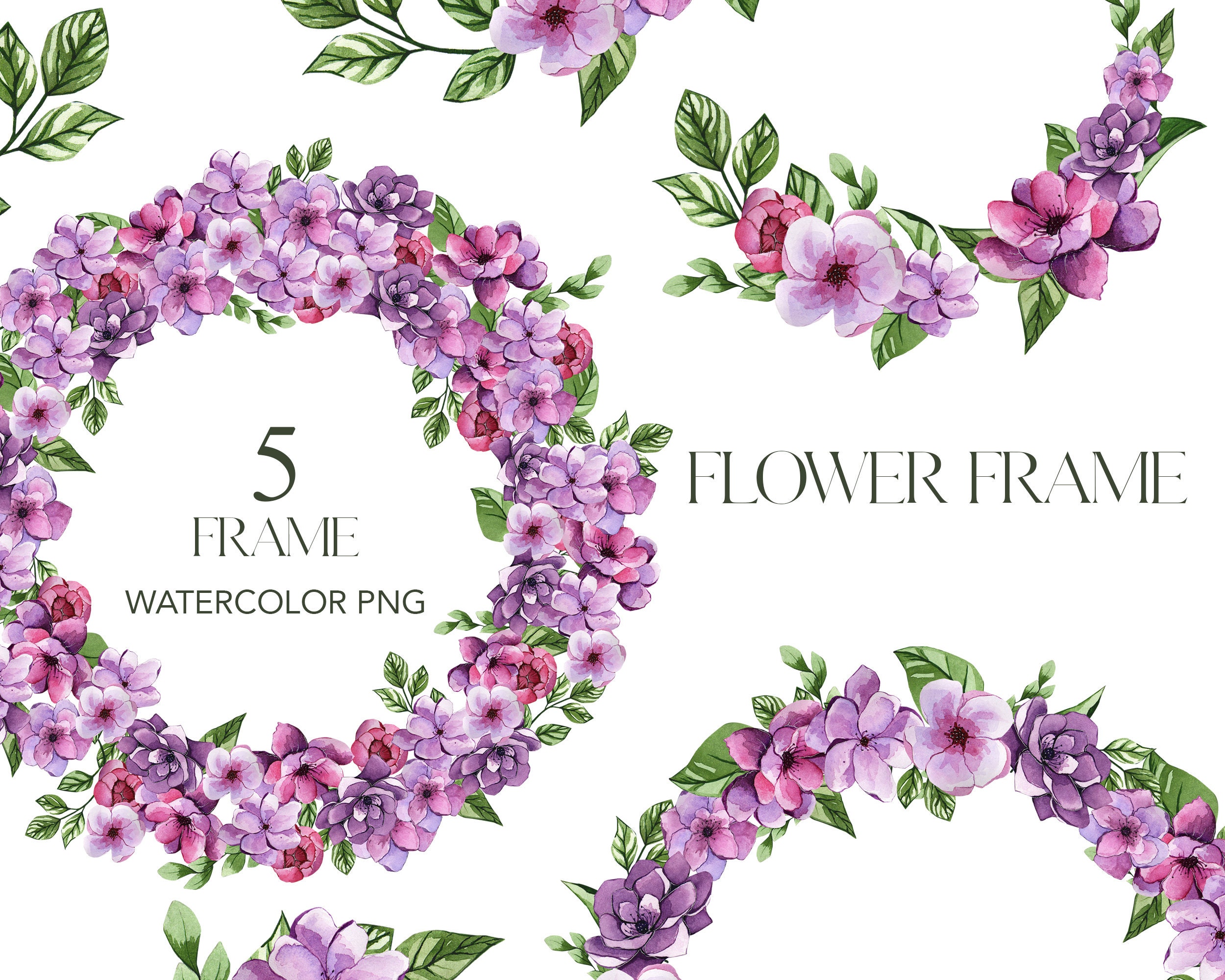 Watercolor Lilac Flower Wreath Clipart. Flower Frame Digital - Etsy