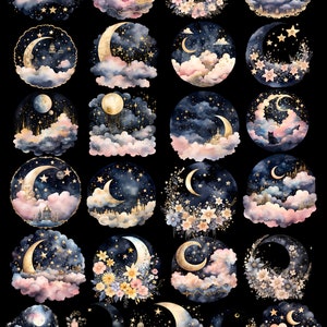 Watercolor Clipart Night Moon, Night Clouds, Sky Flowers, Golden Moon ...