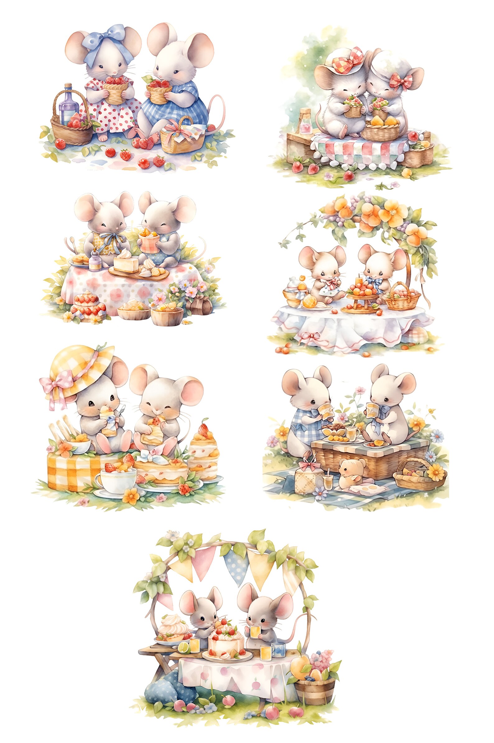 Watercolor clipart cute mouse picnic in nature mouse story - Etsy France