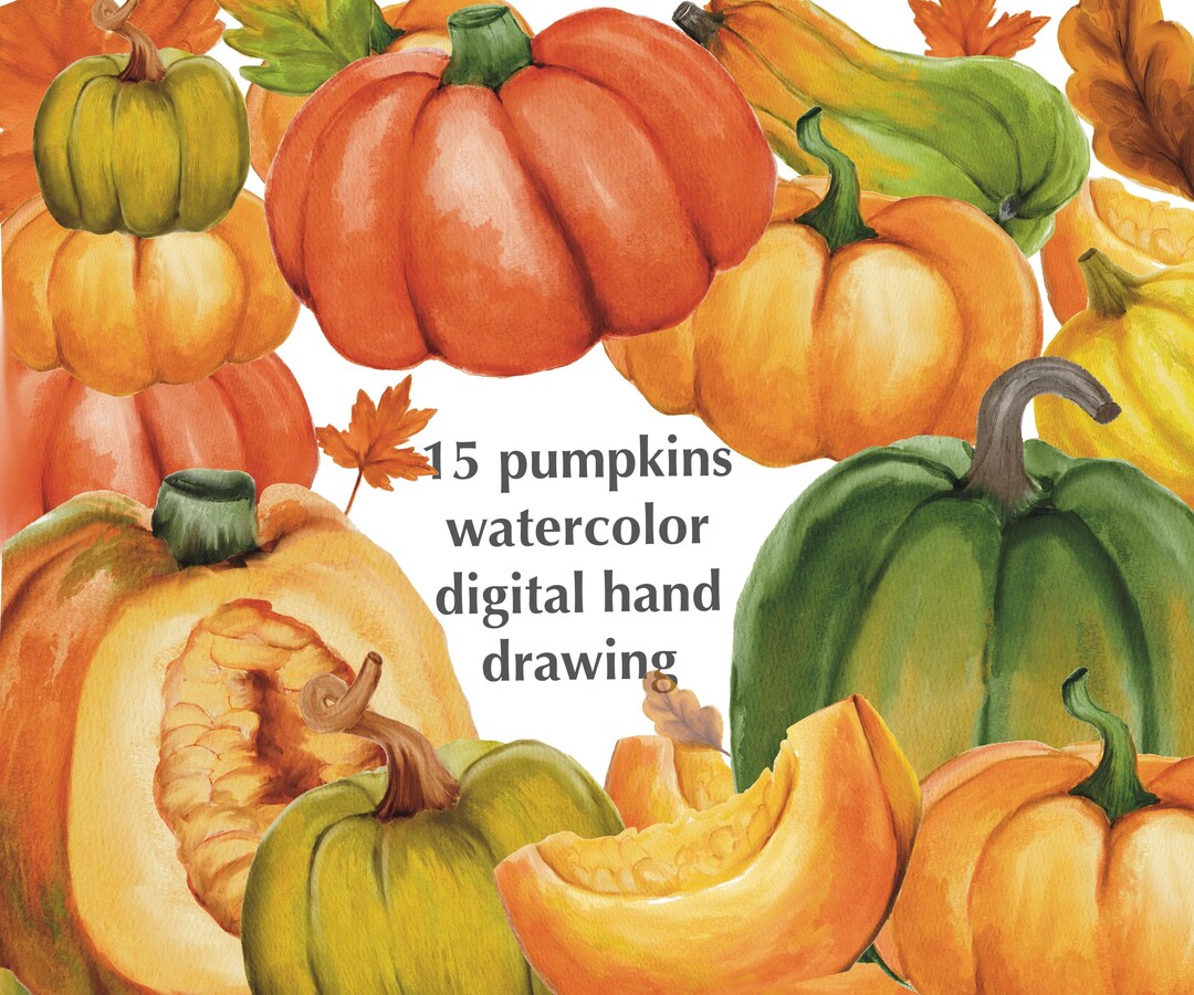 Watercolor Clipart Set of Autumn Pumpkins, Hand Digital Drawing, Autumn ...