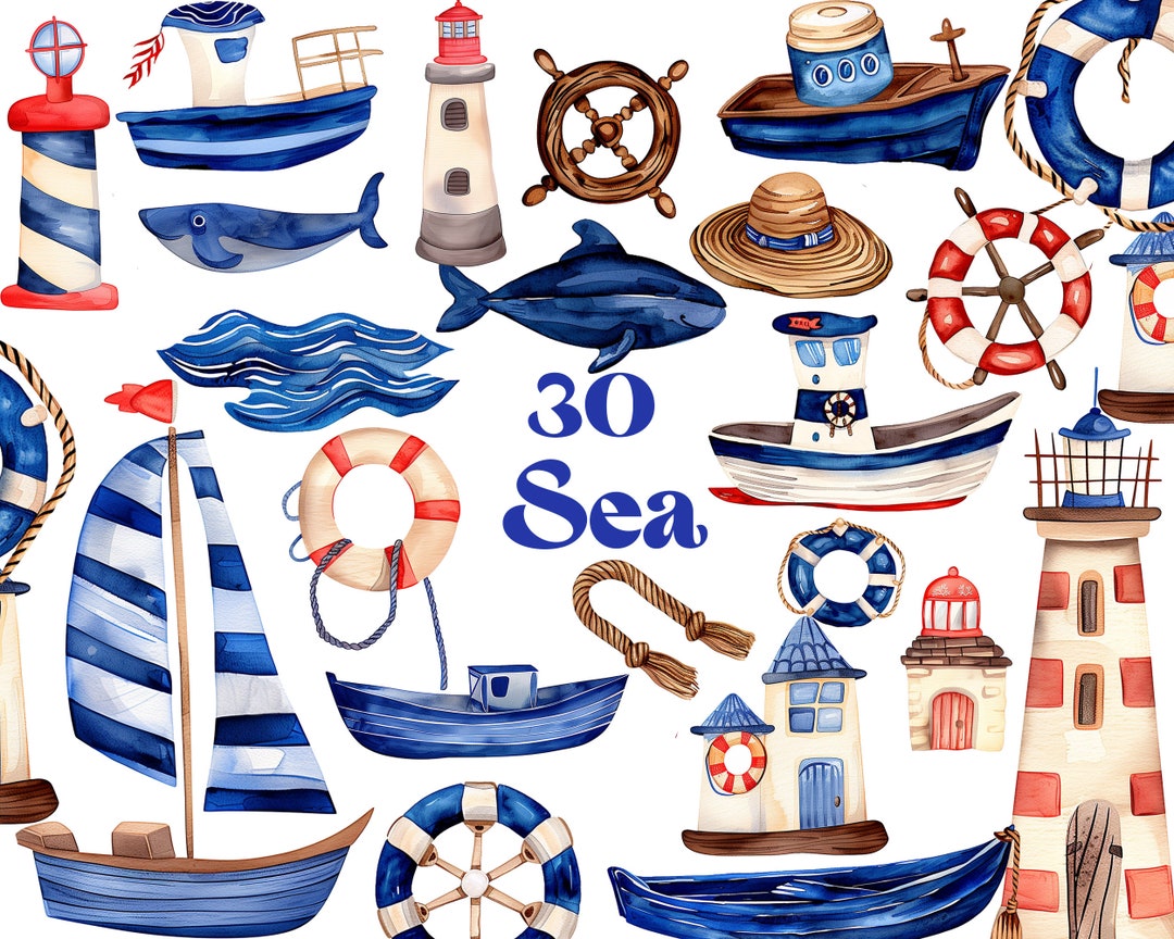 Watercolor Clipart, Marine Set of 30 Elements, Sea Watercolor Png, Boat ...