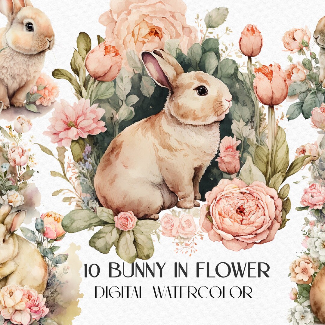 Watercolor Cute Bunnies With Flowers in Beige Color, Spring Bunnies ...