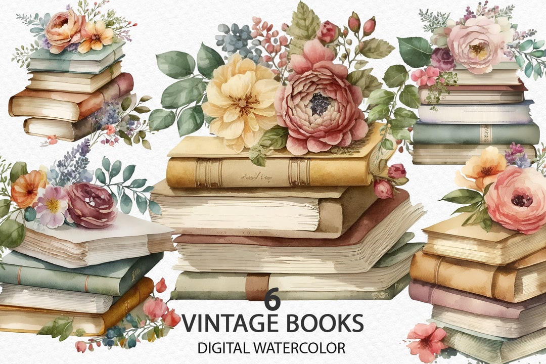 Watercolor Books With Flowers Spring Illustration Vintage - Etsy