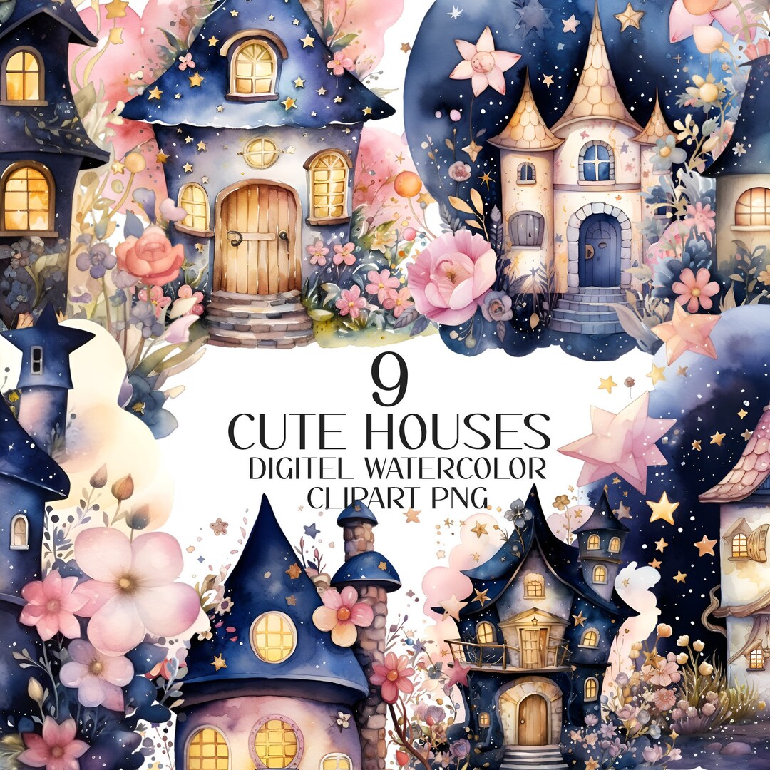 Watercolor clipart, fairy tale cute house with flowers, blue house with ...