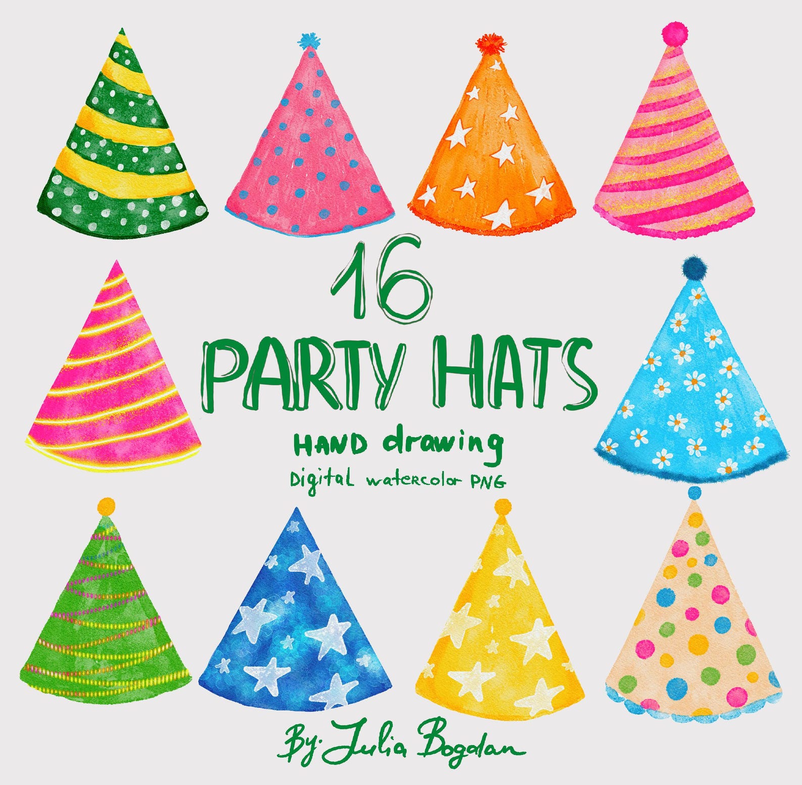 Watercolor Party Hats Clipart, Birthday Hats Clipart, Rainbow Clipart ...