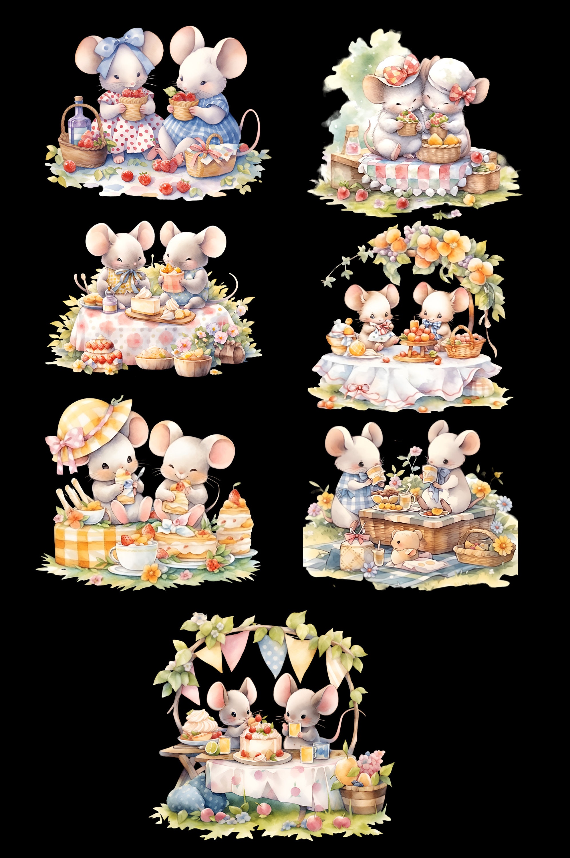 Watercolor clipart, cute mouse picnic in nature, mouse story, cute ...