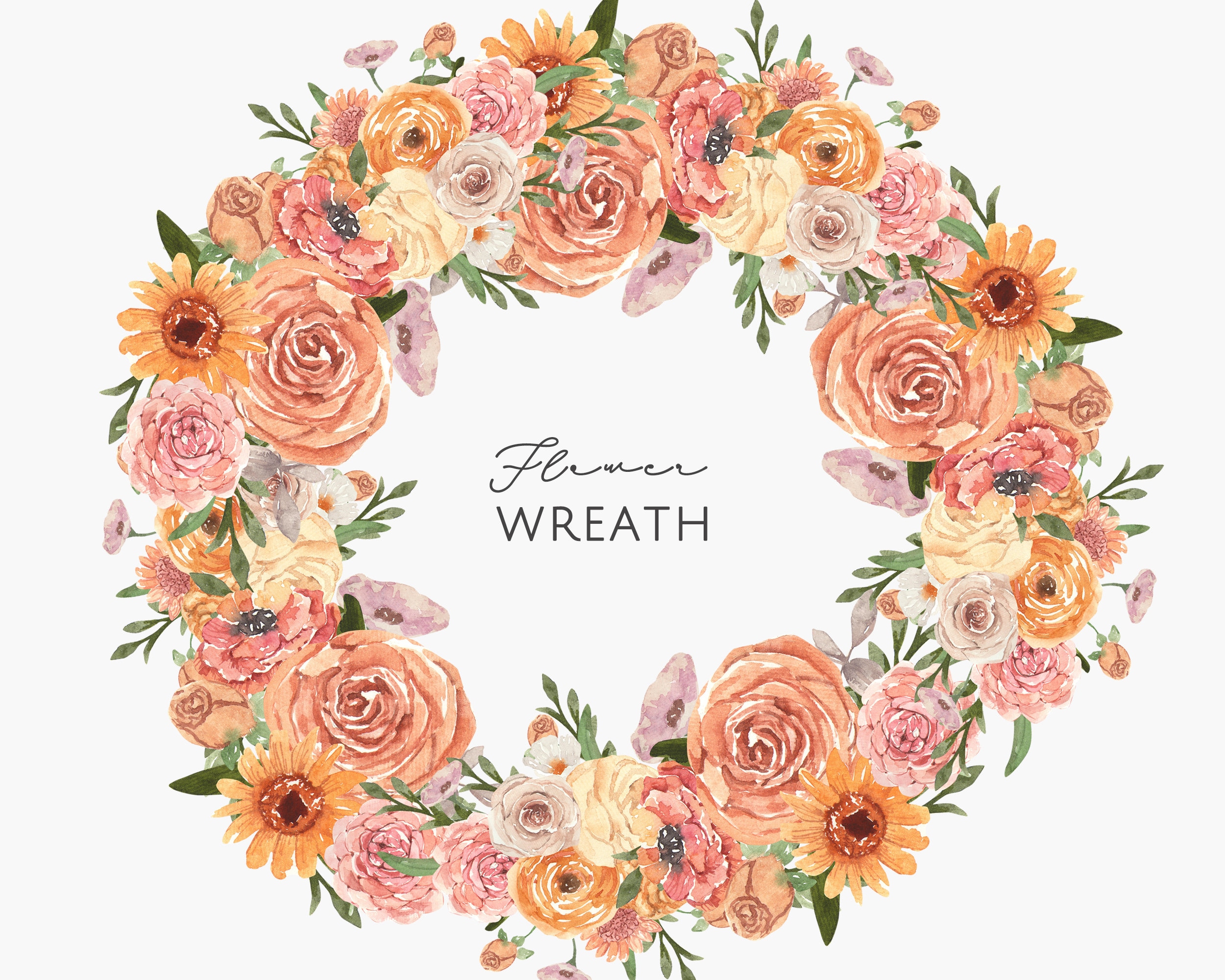 Watercolor Flower Wreath Clipart PNG Hand-paint - Etsy