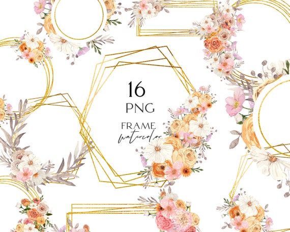 Watercolor Set of Gold Frames With Flowers. Golden Holiday - Etsy