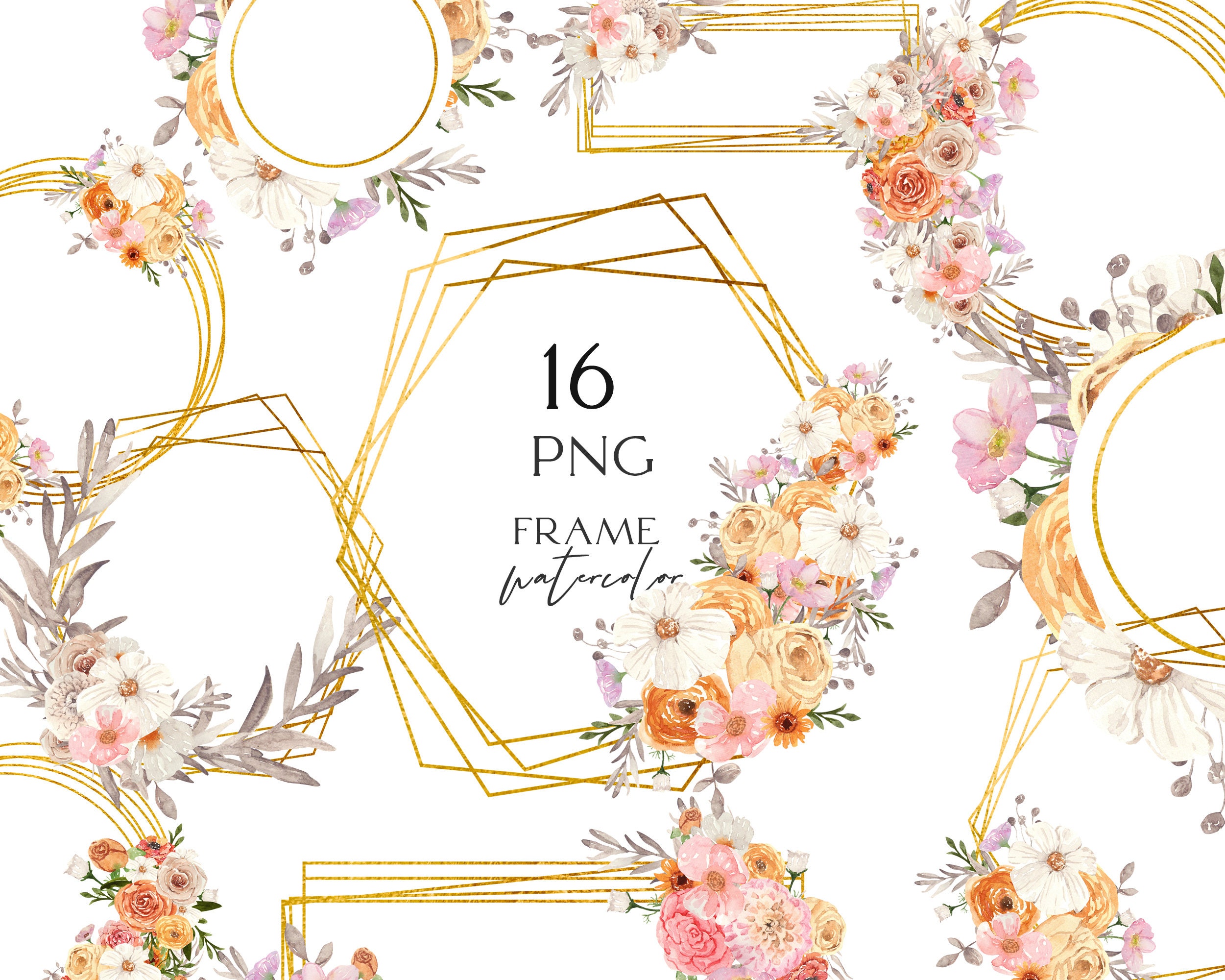 Watercolor Set of Gold Frames With Flowers. Golden Holiday - Etsy
