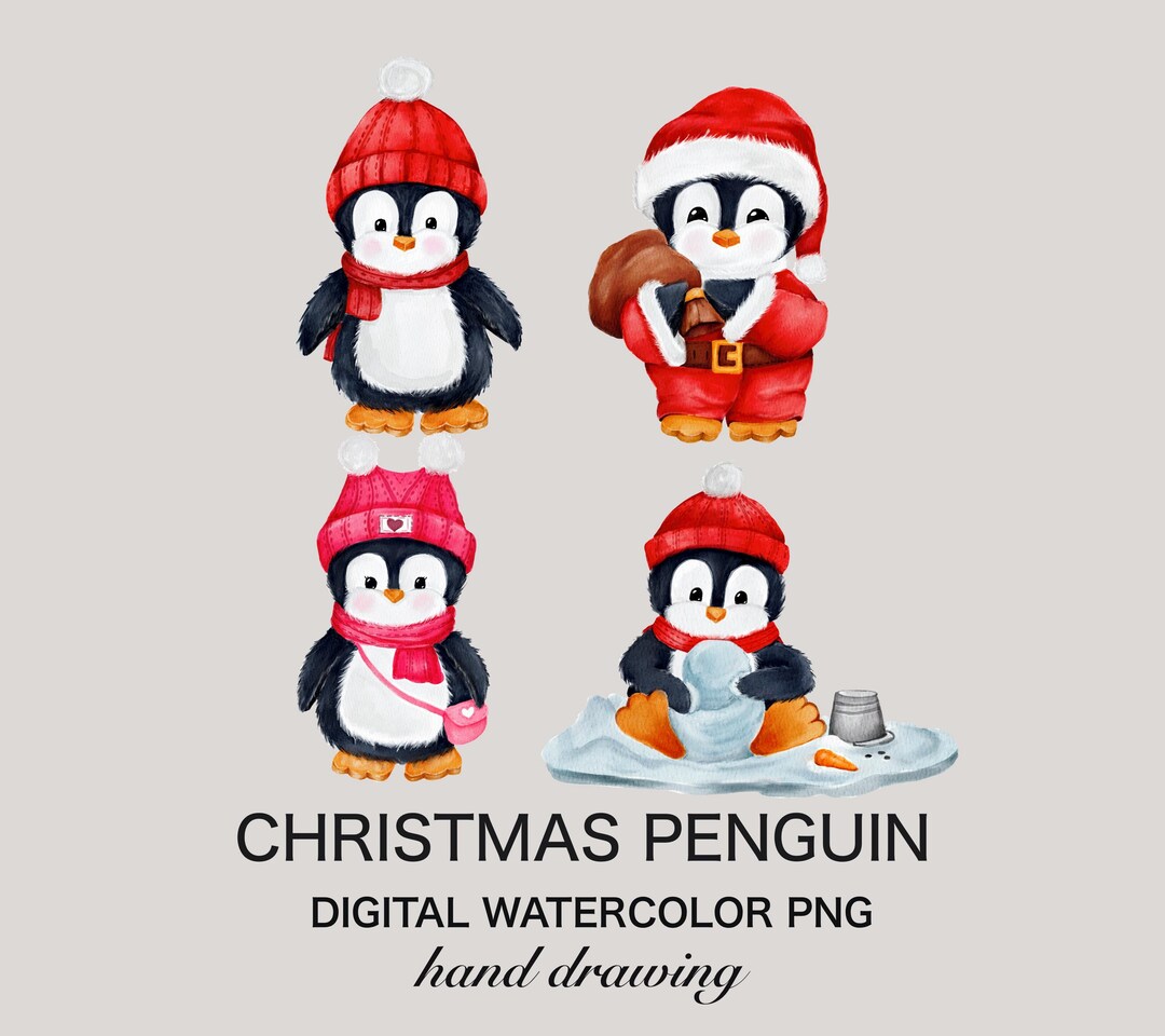 Cute Christmas Penguins Clipart Set. Watercolor Winter Graphics Png ...