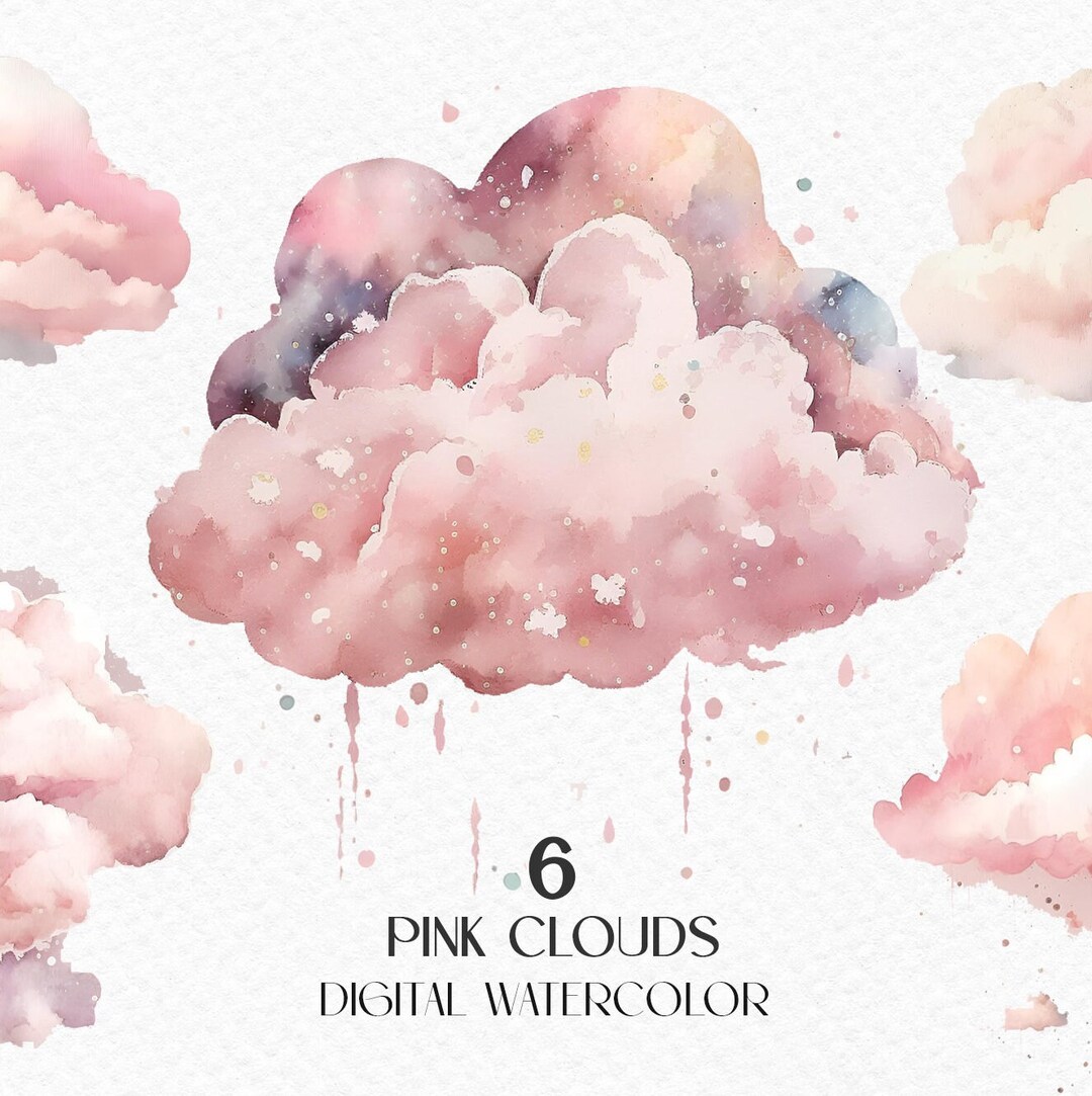 Watercolor Delicate Pink Clouds, Air Clouds, Pink Sky. Digital Clipart ...