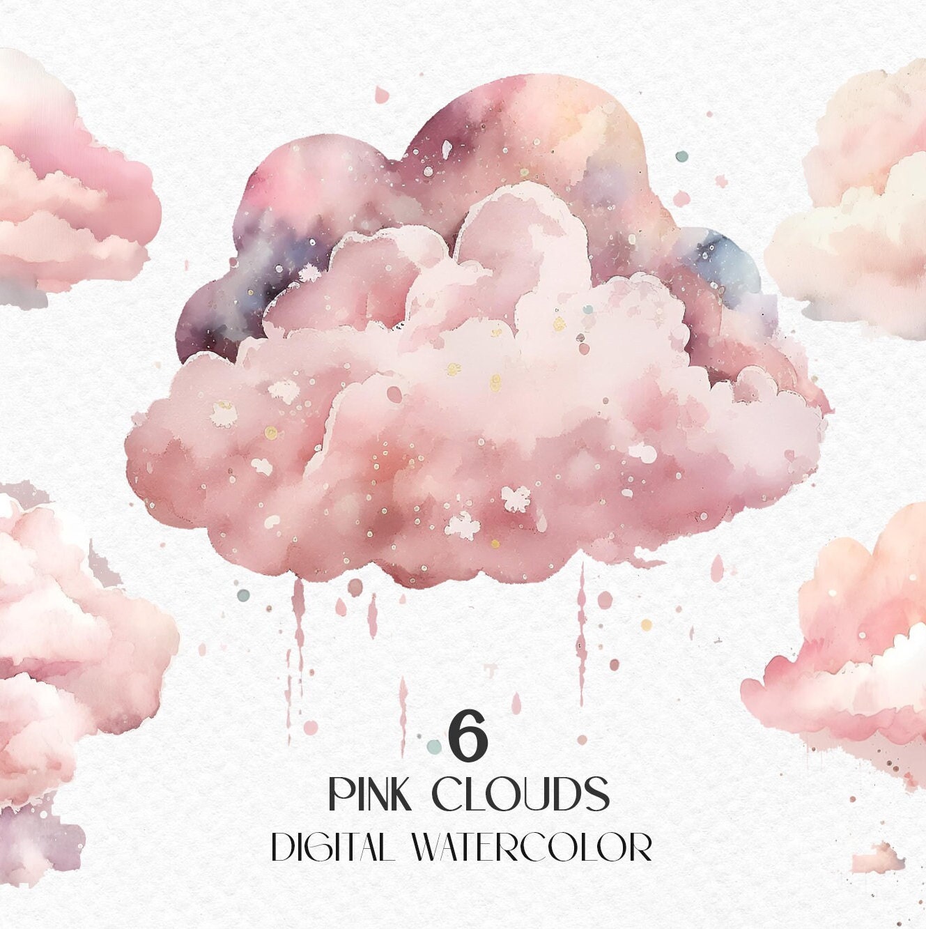 Watercolor Delicate Pink Clouds, Air Clouds, Pink Sky. Digital Clipart ...