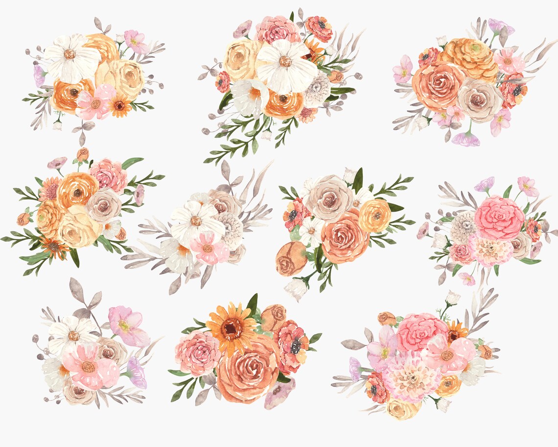 Clipart Autumn Watercolor Flower Bouquets. Set of Bouquets | Etsy