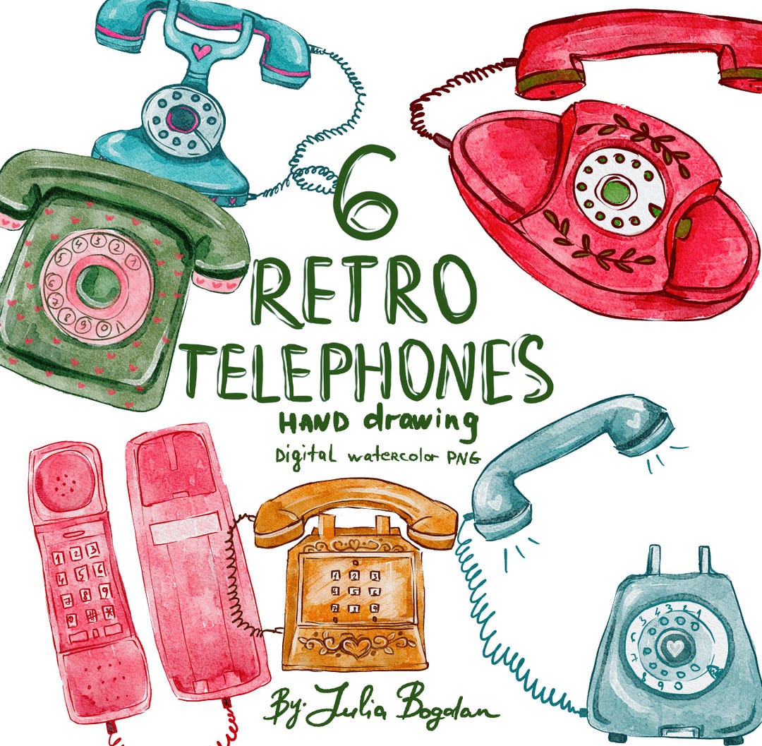 Retro Telephones Watercolor, Vintage Colored Telephones Png Clipart - Etsy
