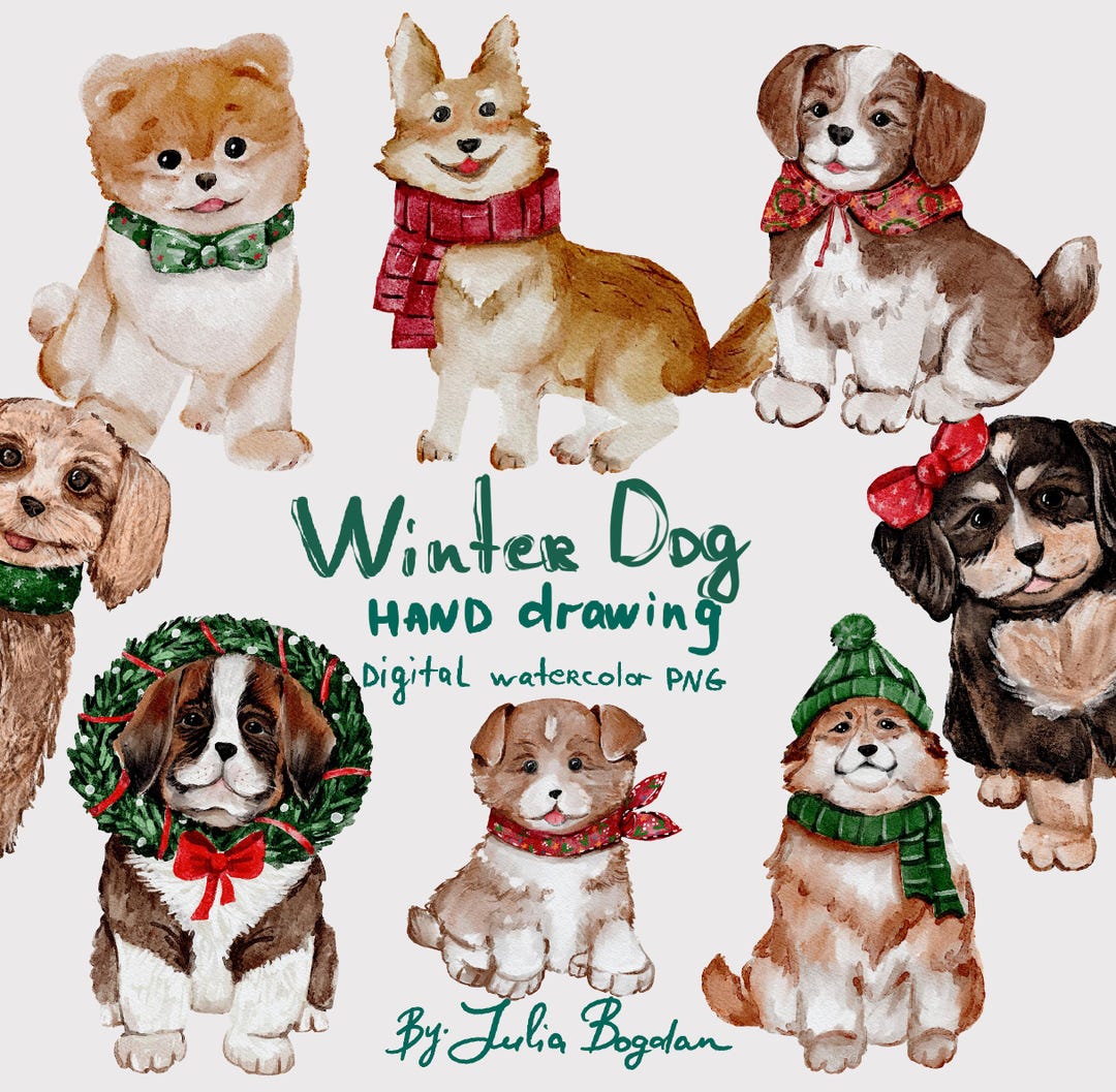 Watercolor Winter Dogs Clipart PNG, Hand Drawn Puppies in Cozy Clothes ...