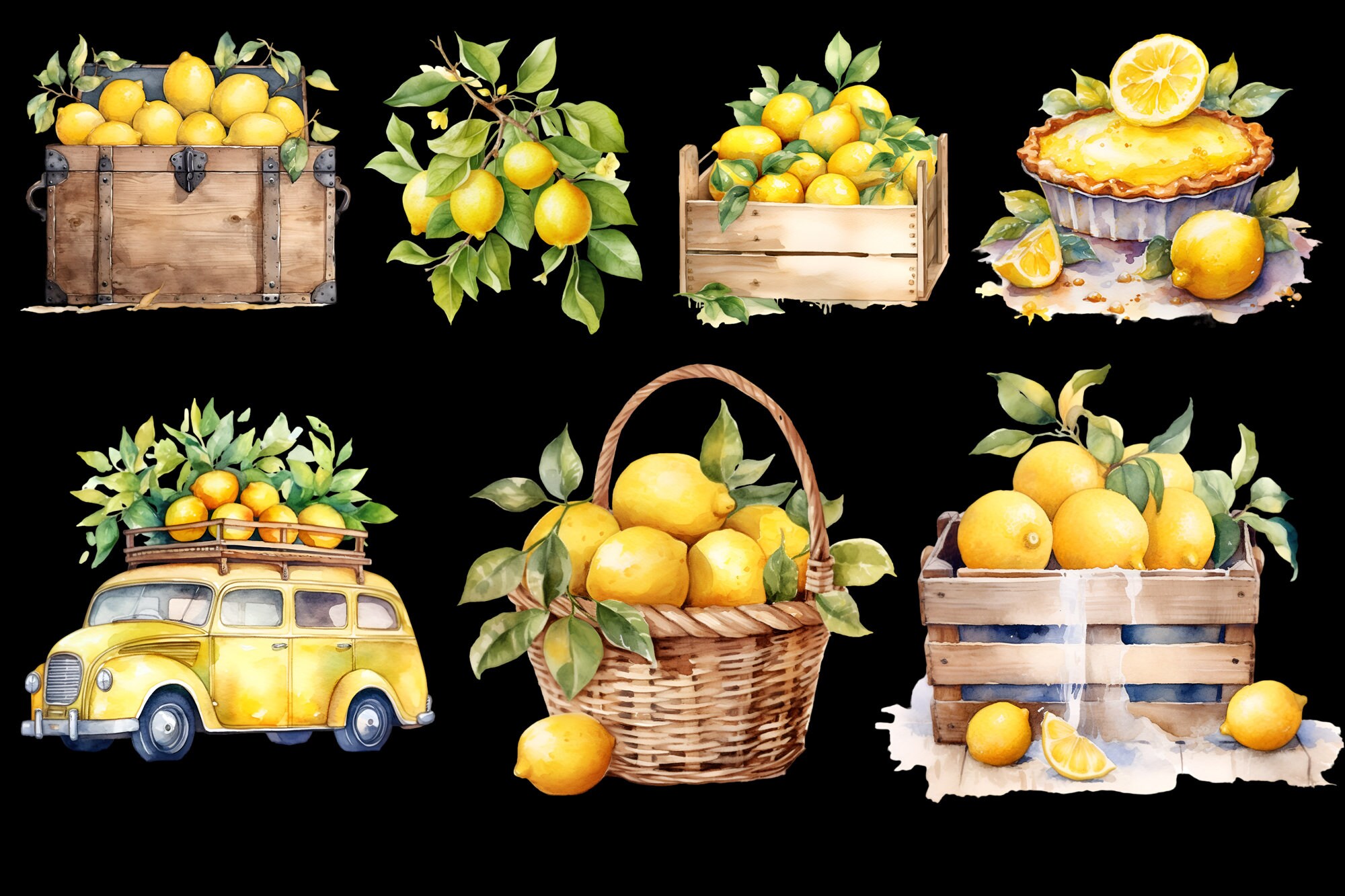 Watercolor Lemon Set Lemon Branch Lemon in a Basket - Etsy