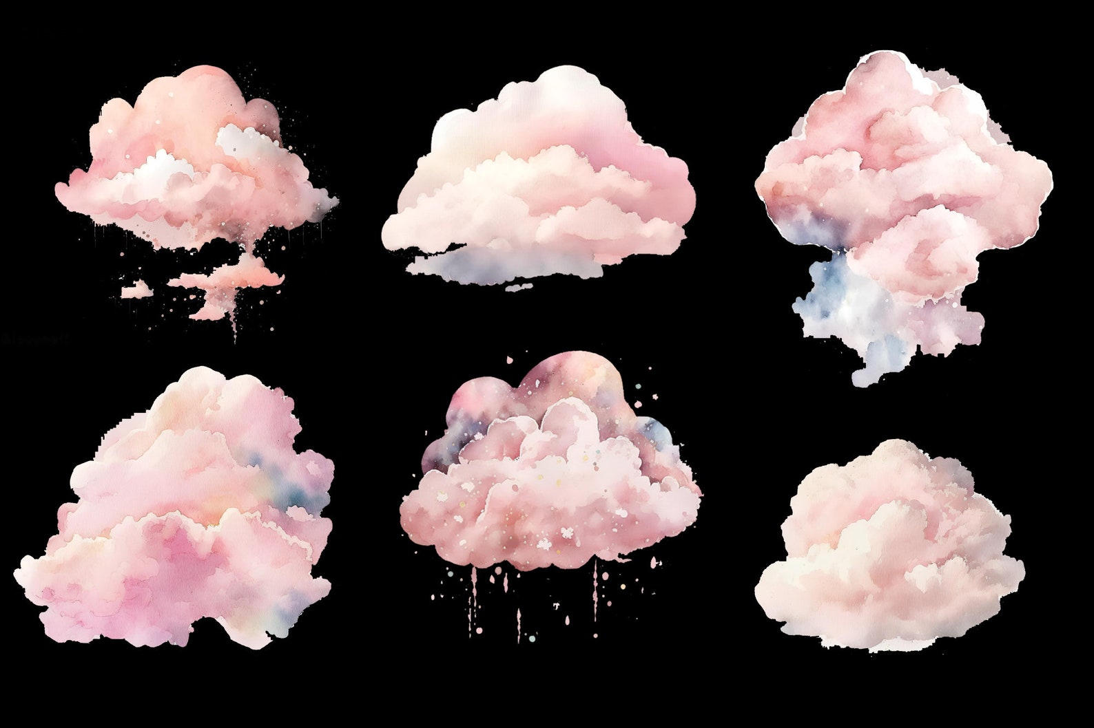 Watercolor Delicate Pink Clouds, Air Clouds, Pink Sky. Digital Clipart ...