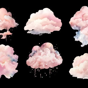 Watercolor Delicate Pink Clouds, Air Clouds, Pink Sky. Digital Clipart ...