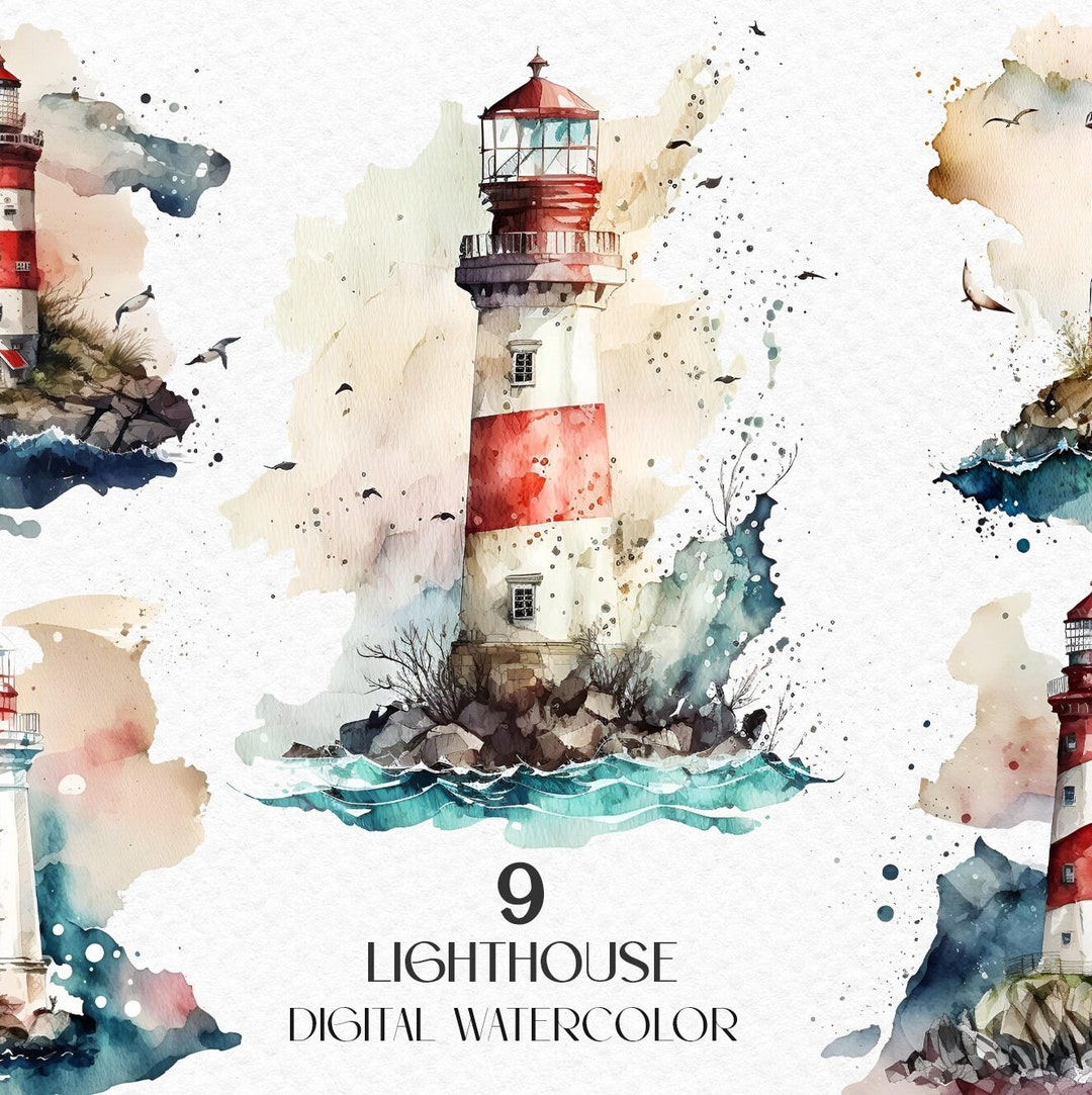 Watercolor Sea Lighthouse, Red Lighthouse, Lighthouse on the Sea ...