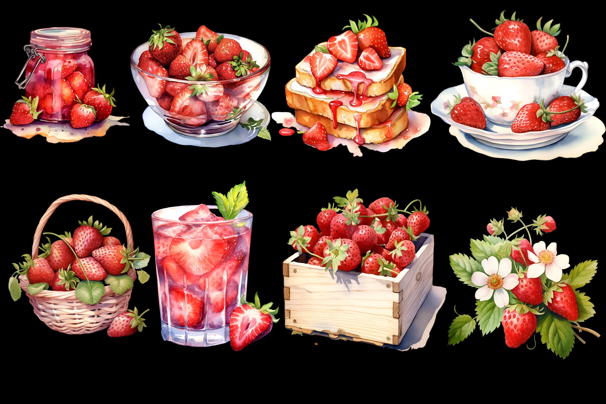 Watercolor Strawberry, Strawberry Set, Strawberry Dessert, Strawberry ...