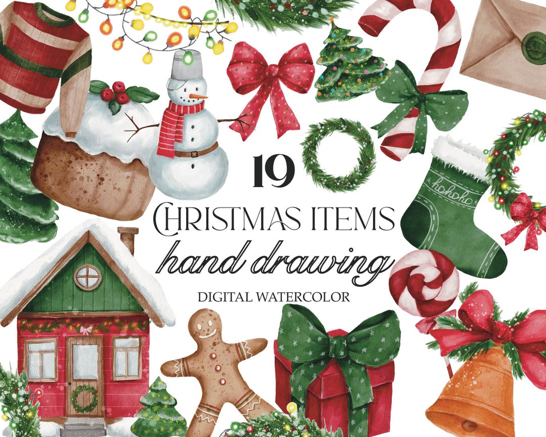 Watercolor New Year's Clipart, Christmas Decor, Tree Hut, Sweets, Bow ...