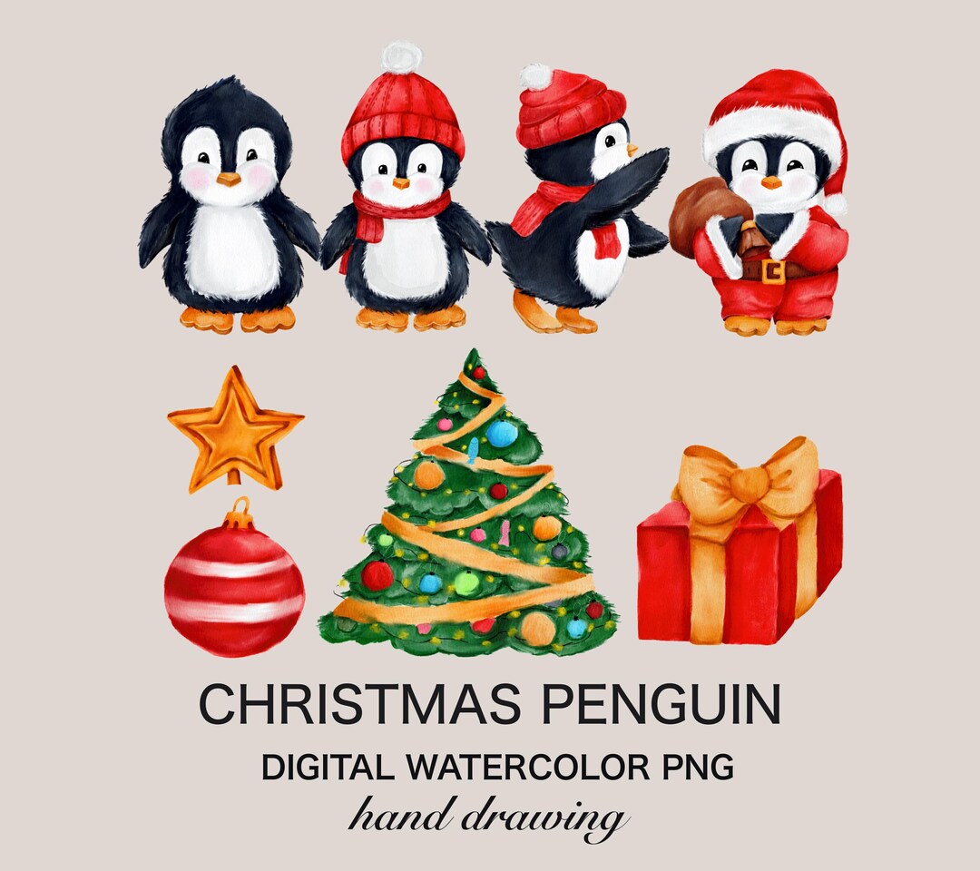 Cute Christmas Penguins Clipart Set. Watercolor Winter Graphics Png ...