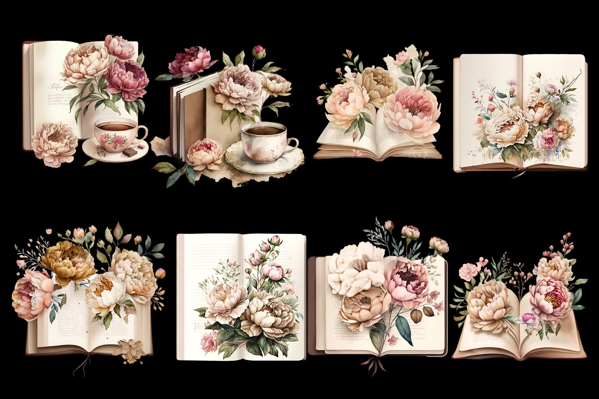 Watercolor Books Flowers and Cup Books Vintage. Png Clipart - Etsy