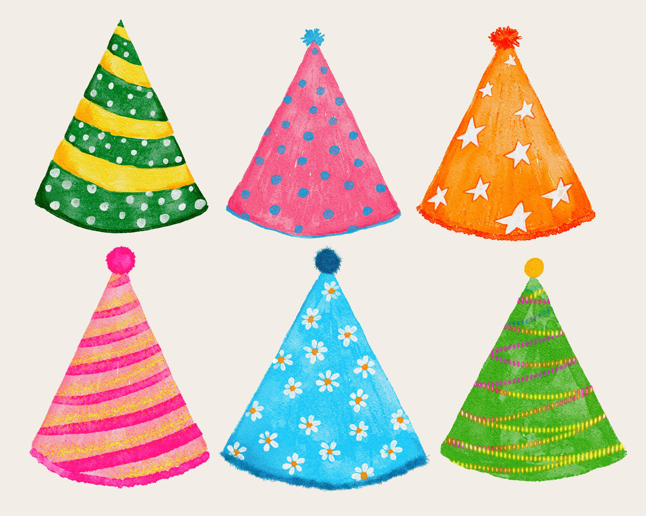 Watercolor Party Hats Clipart, Birthday Hats Clipart, Rainbow Clipart ...