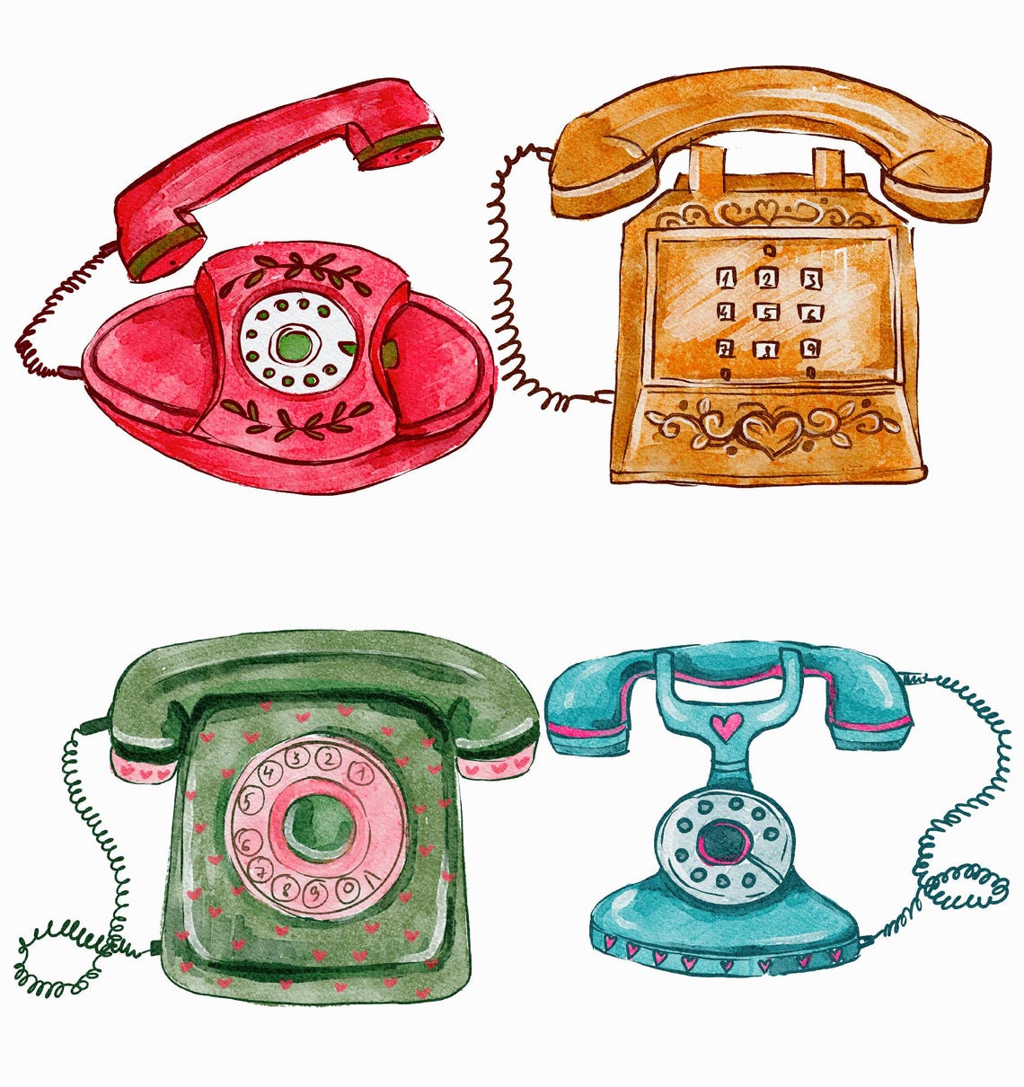 Retro Telephones Watercolor, Vintage Colored Telephones Png Clipart - Etsy