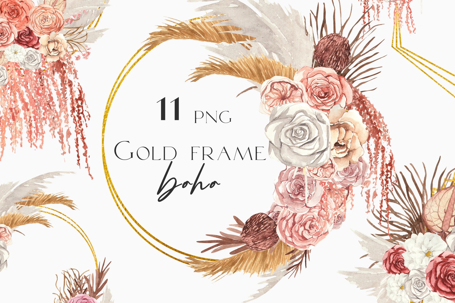Watercolor Set of Gold Boho Frames. Collection for Wedding - Etsy