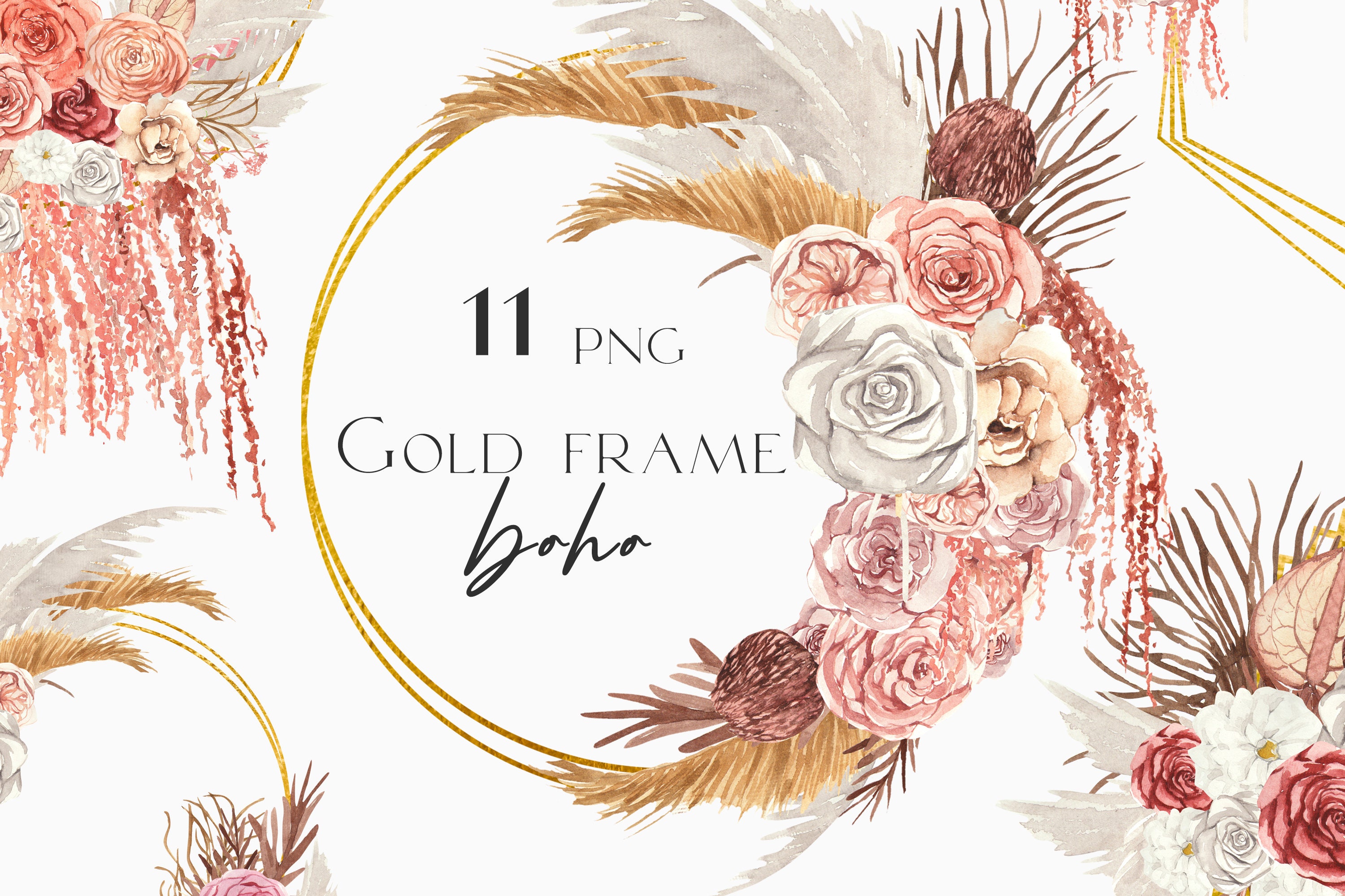 Watercolor Set of Gold Boho Frames. Collection for Wedding Invites Card ...