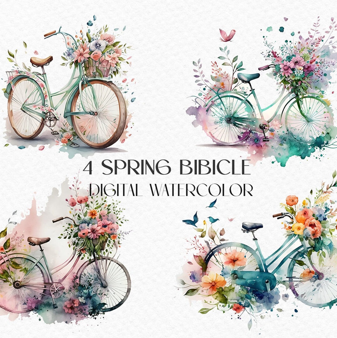 Watercolor Spring Bike With Flowers, Spring Card. Digital Clipart Png ...