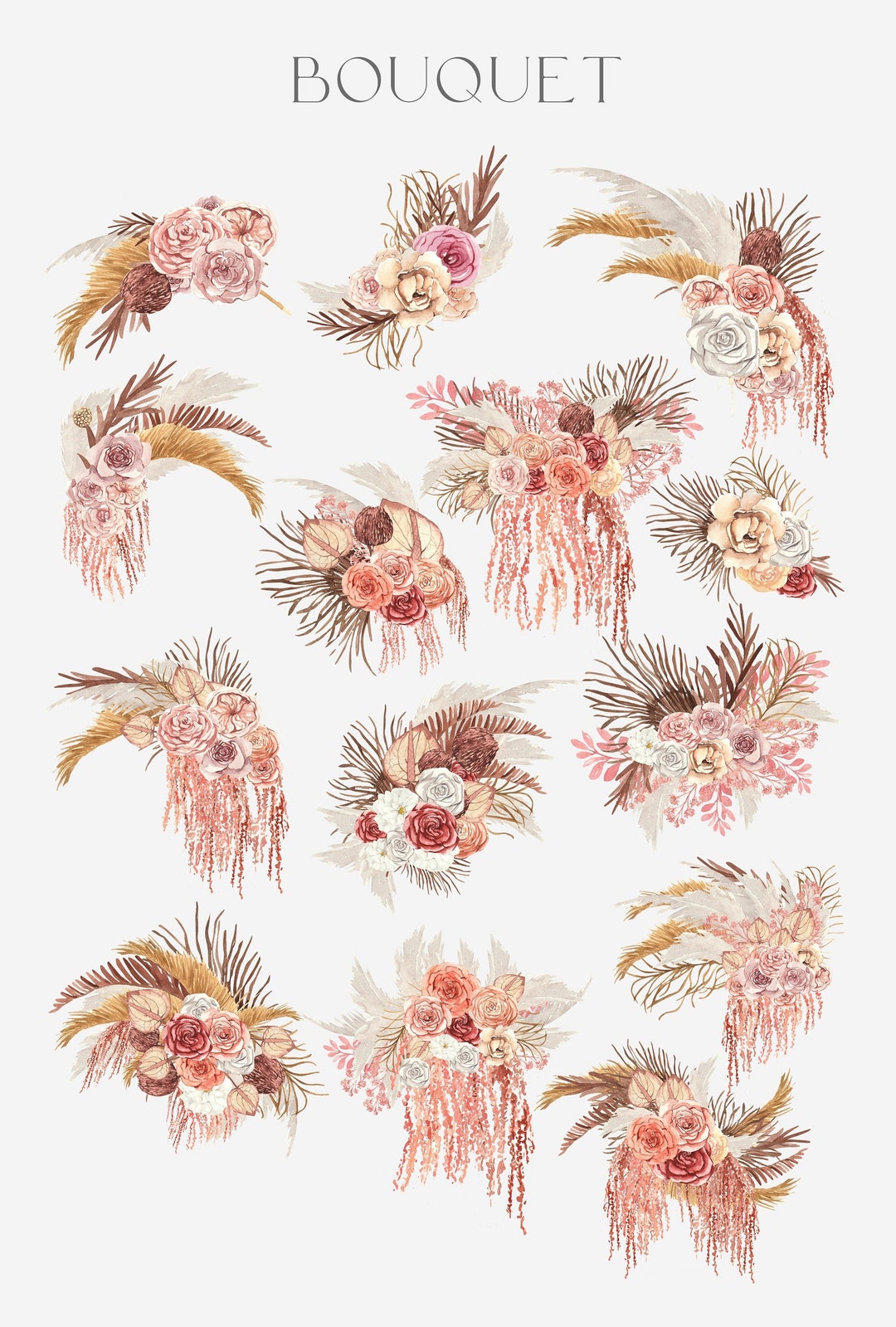 Watercolor Boho Bouquet Clipart PNG, Hand Drawn Neutral Floral ...