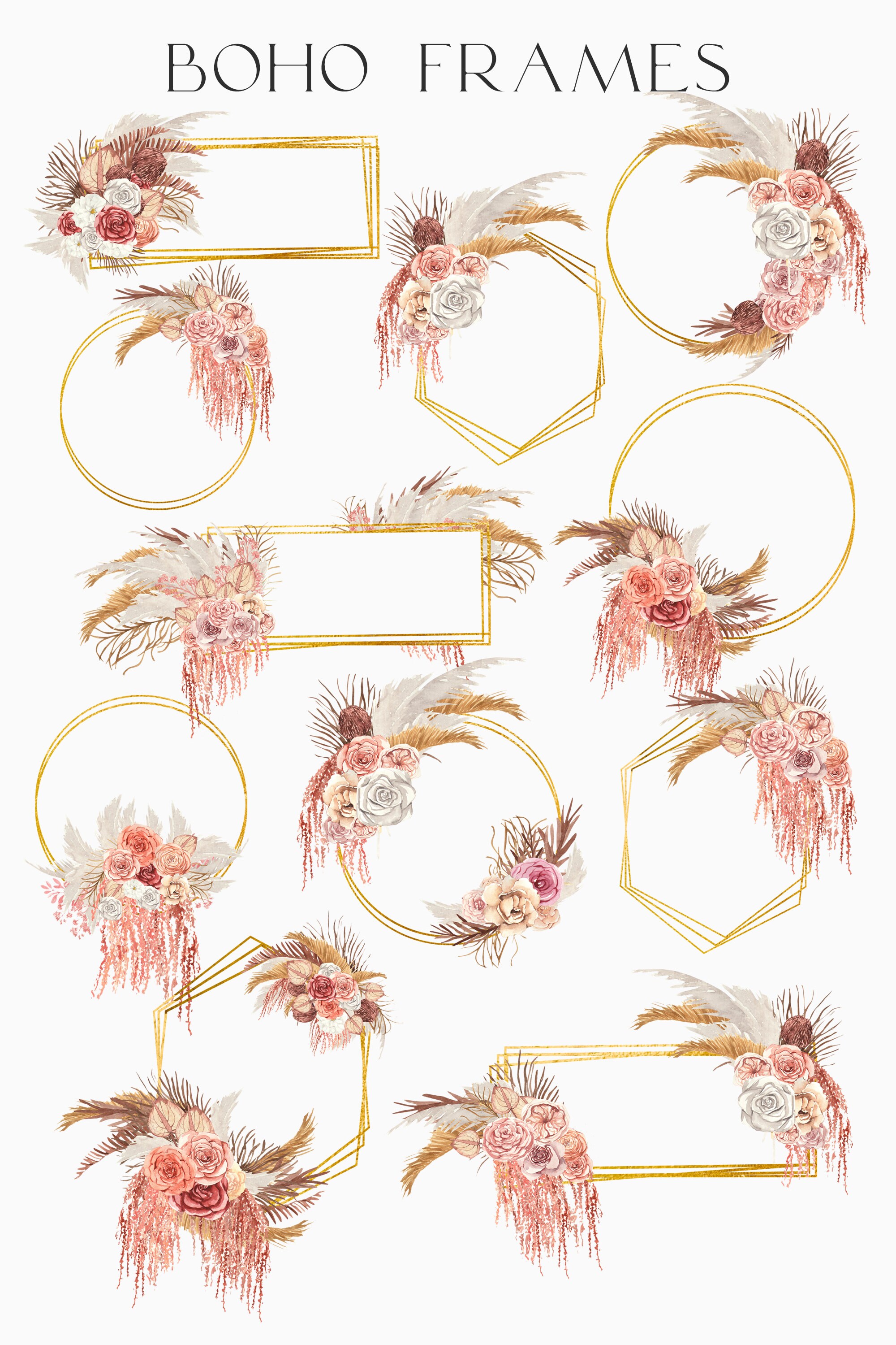 Watercolor Set of Gold Boho Frames. Collection for Wedding - Etsy