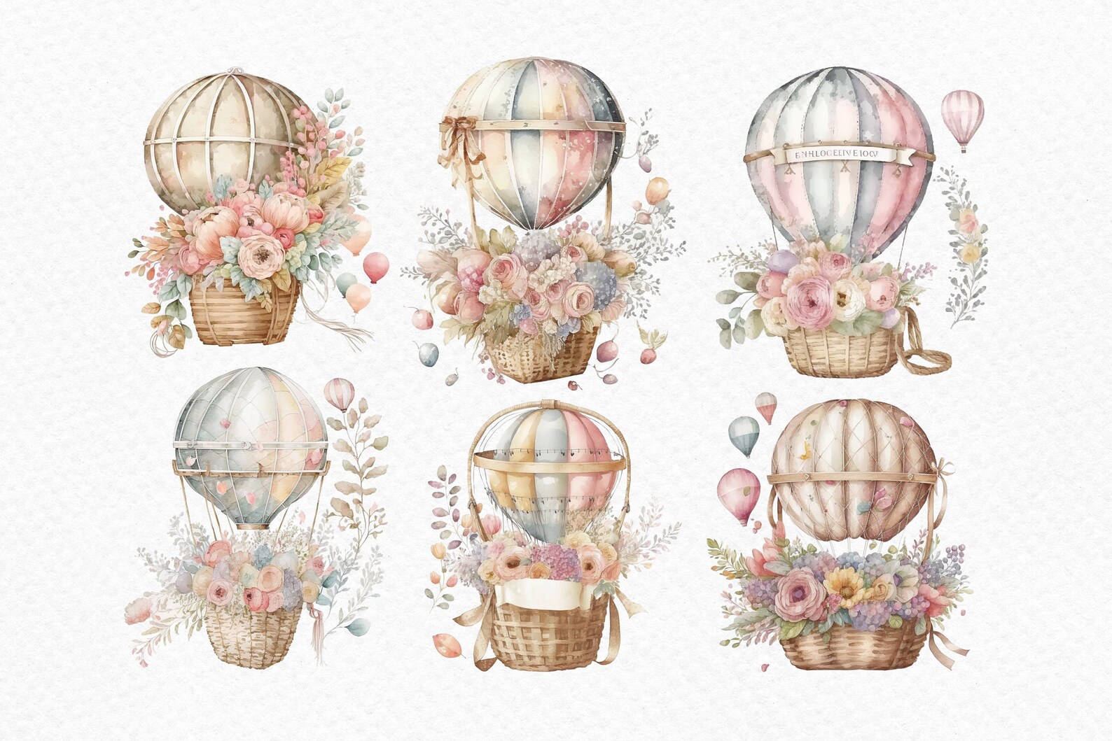 Watercolor Travel Balloon With Flowers, Travel Balloon Postcard Digital ...