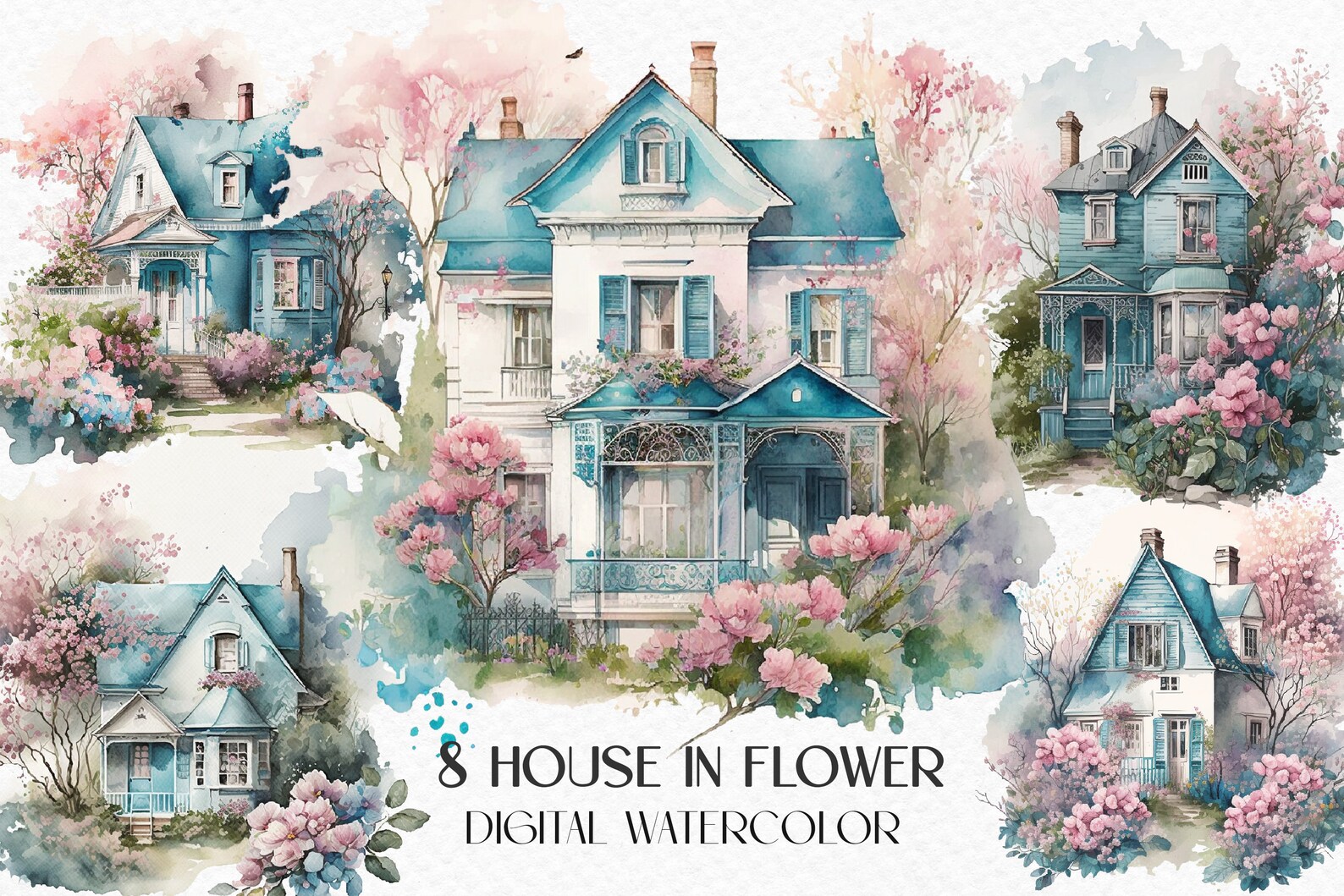 Watercolor Blue Houses With Pink Flowers Cottage Watercolor - Etsy