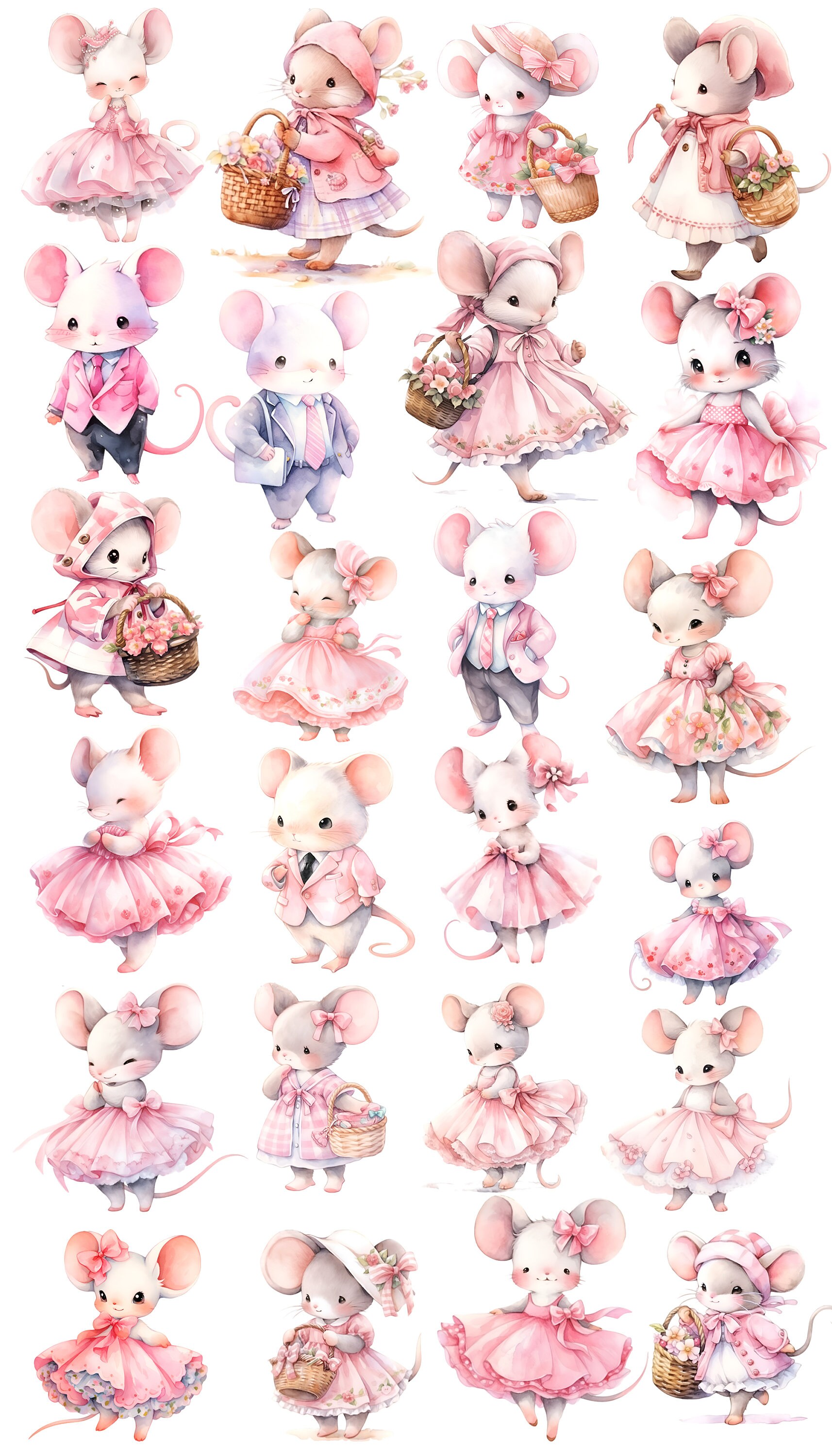 Watercolor Clipart, Cute Mouse in a Pink Dress and Flowers, Mr Mouse ...