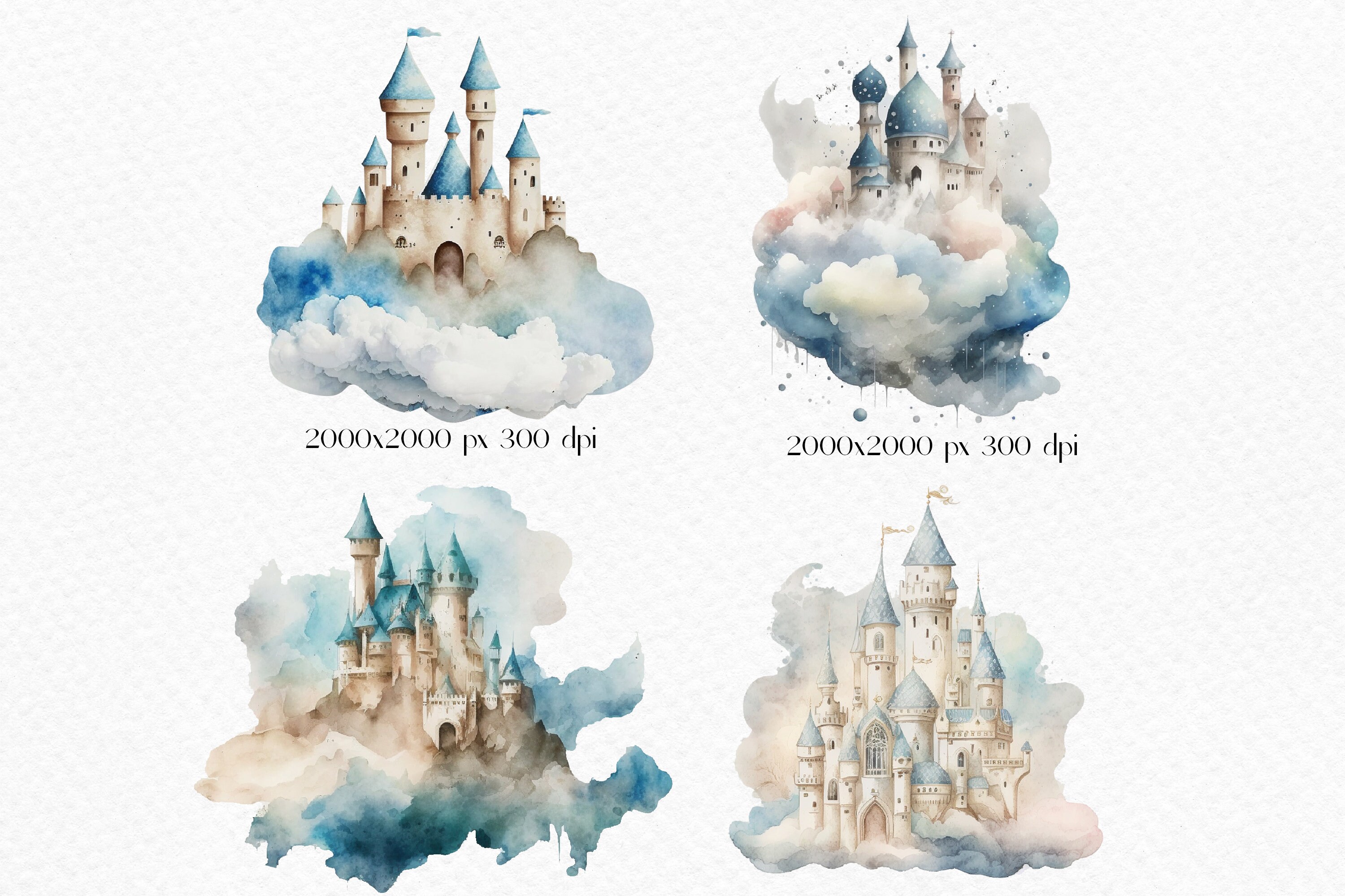 Watercolor Blue Castle on the Clouds. PNG Digital Clipart - Etsy