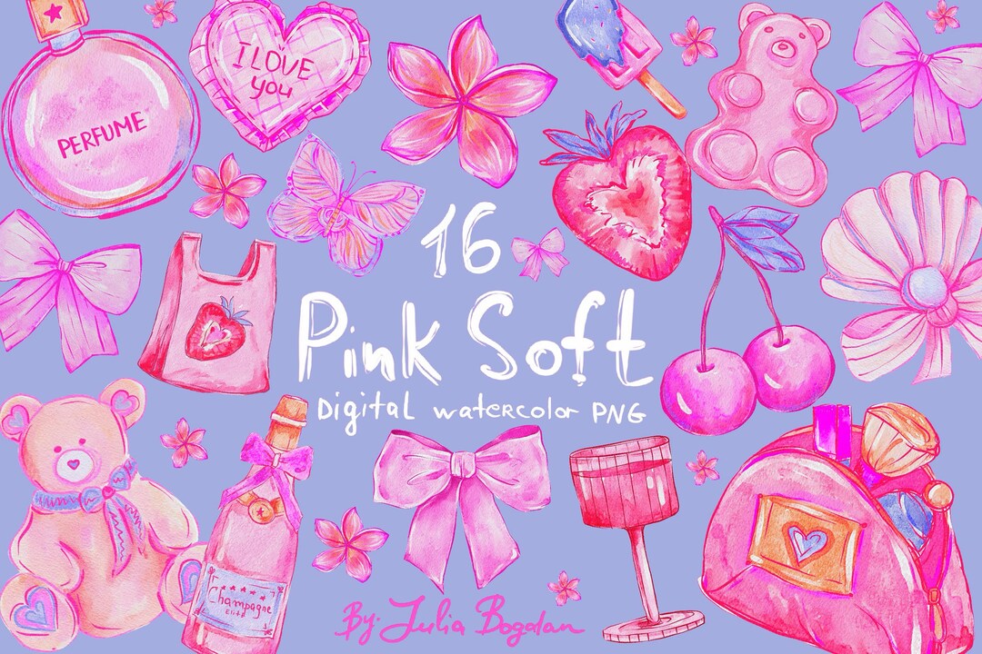 Watercolor Clipart Pink Set, Bow, Cherry, Heart. Romantic Trendy ...