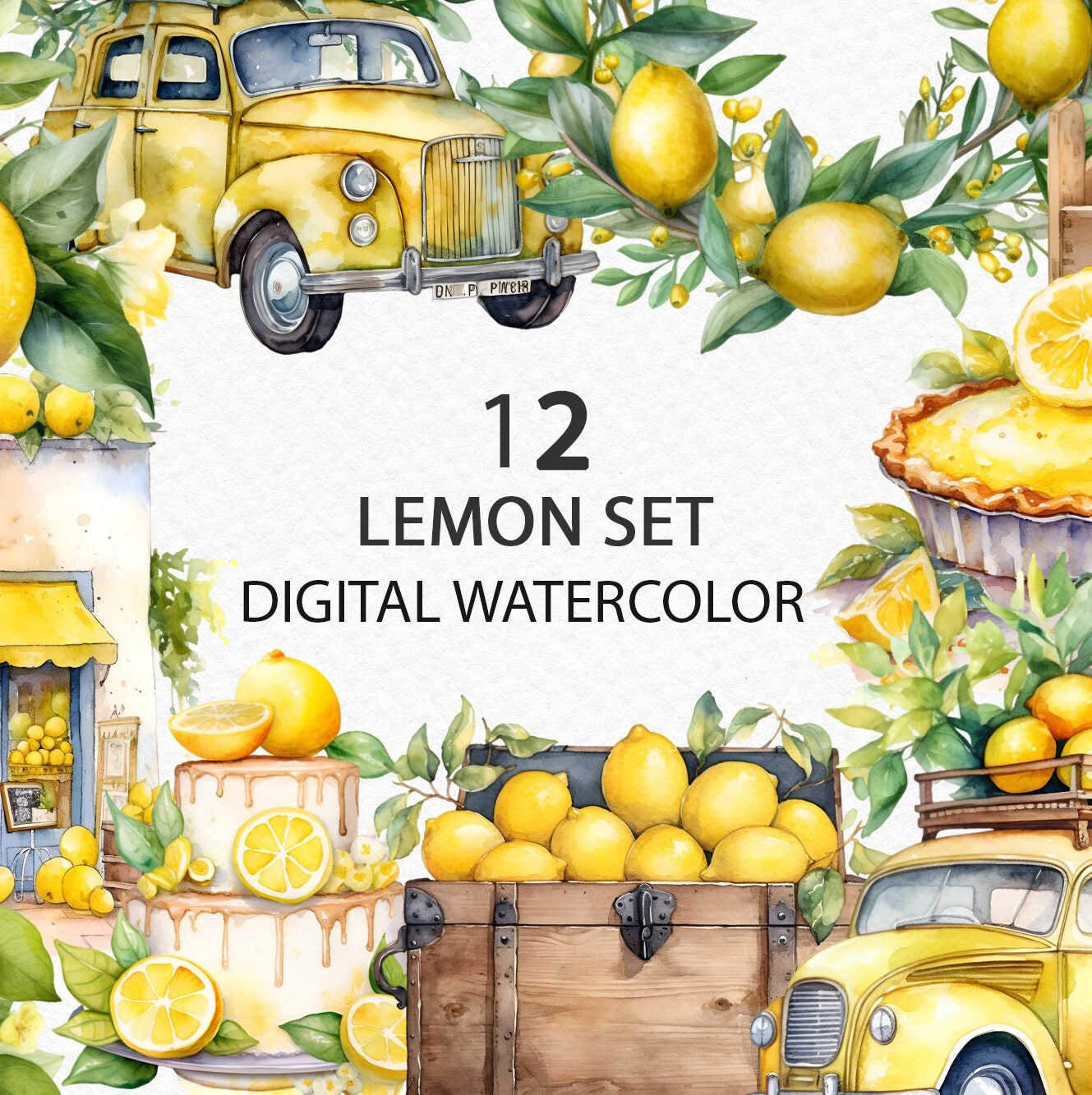 Watercolor Lemon Set Lemon Branch Lemon in a Basket - Etsy