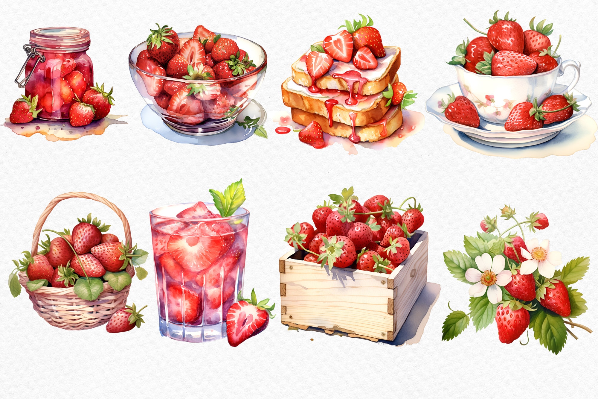 Watercolor Strawberry, Strawberry Set, Strawberry Dessert, Strawberry ...