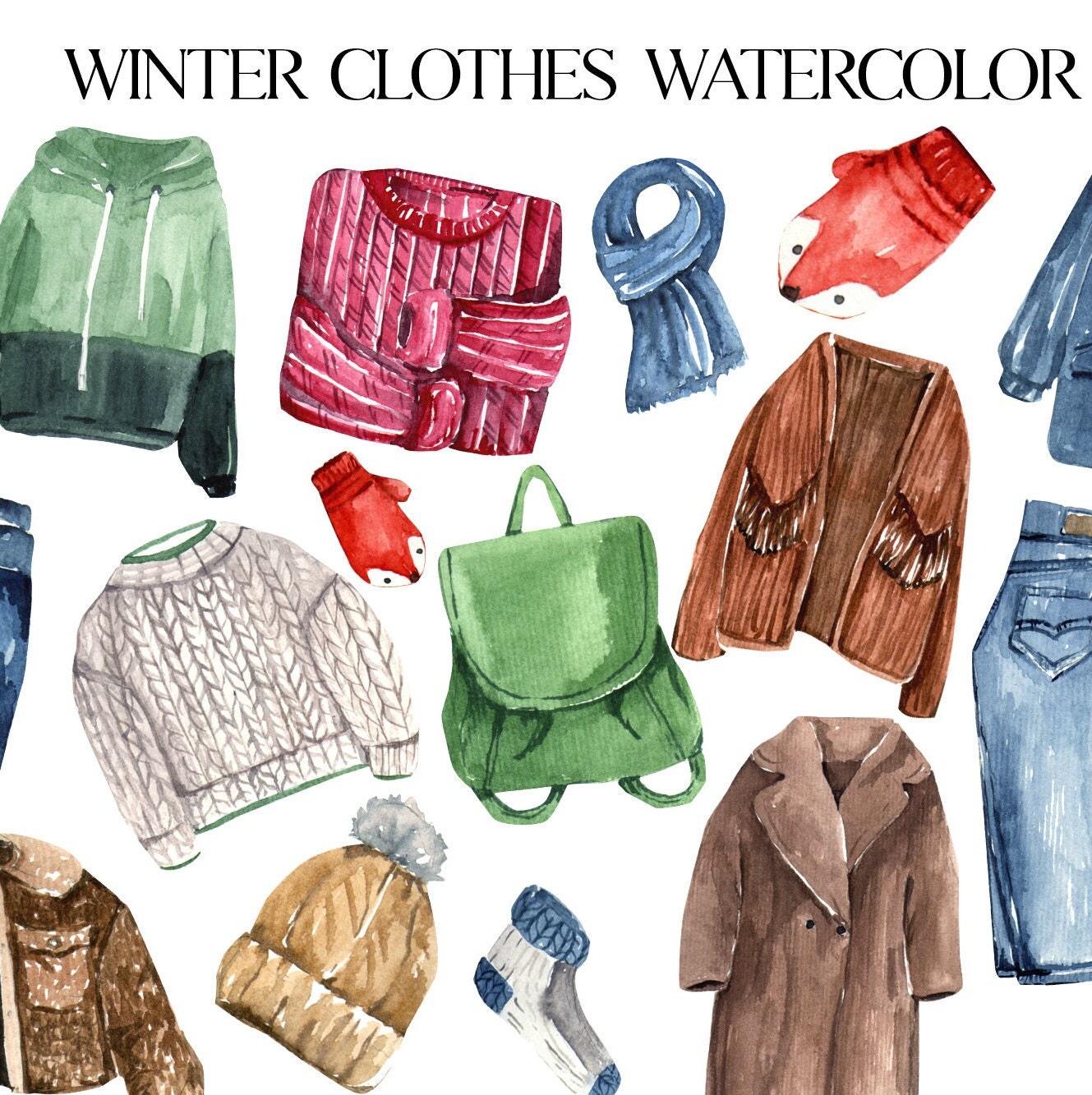 Winter Clothes Watercolor Wintertime Clothes, Sweaters Clipart Digital ...